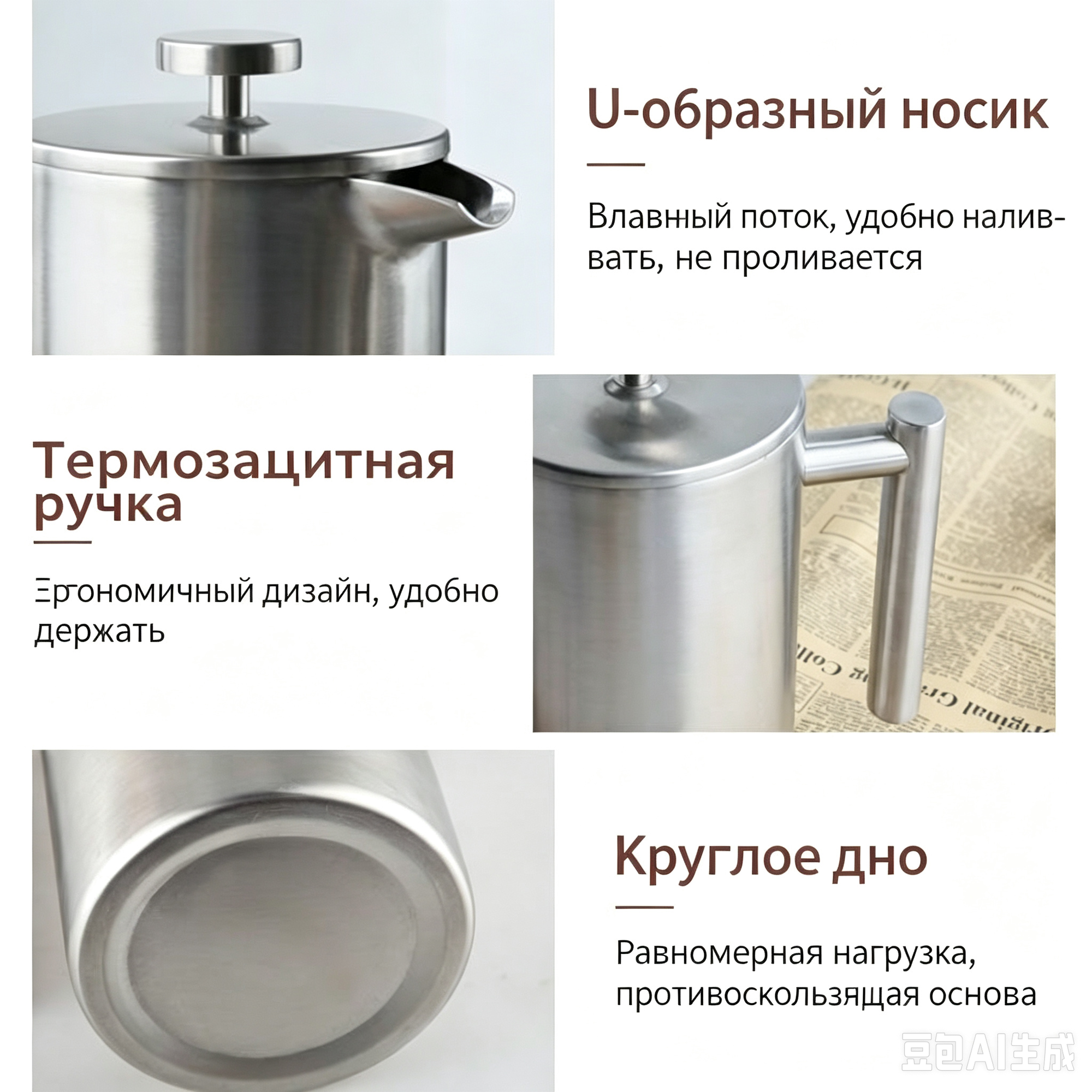 Френч-пресс, Френч‑пресс из нержавеющей стали, для заваривания кофе, матовая версия, 1000 мл — фото 1