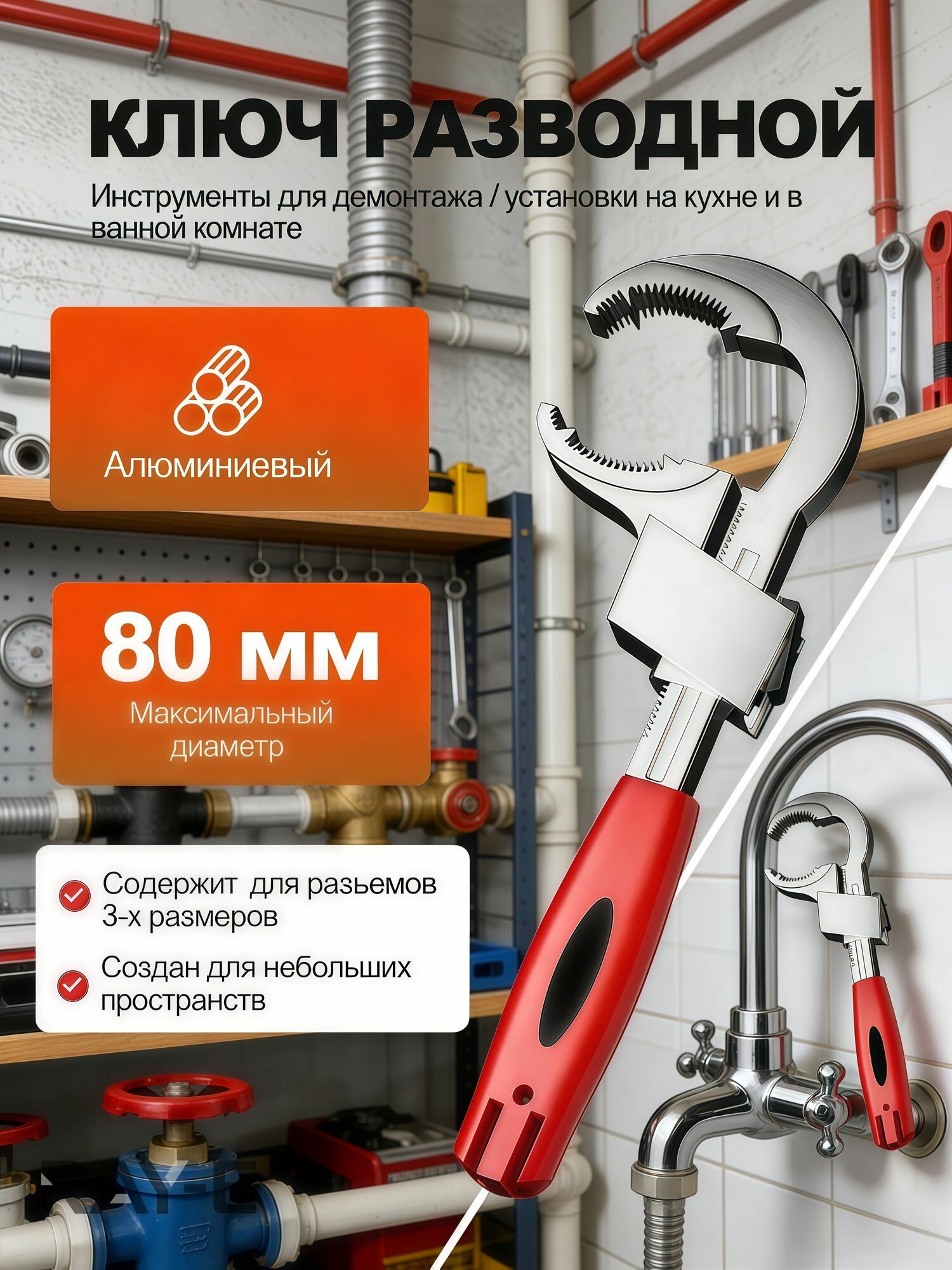 Разводной ключ для раковины в ванной комнате с большим отверстием, разводной ключ для разборки и сборки канализационных труб, новый инструмент из алюминиевого сплава
