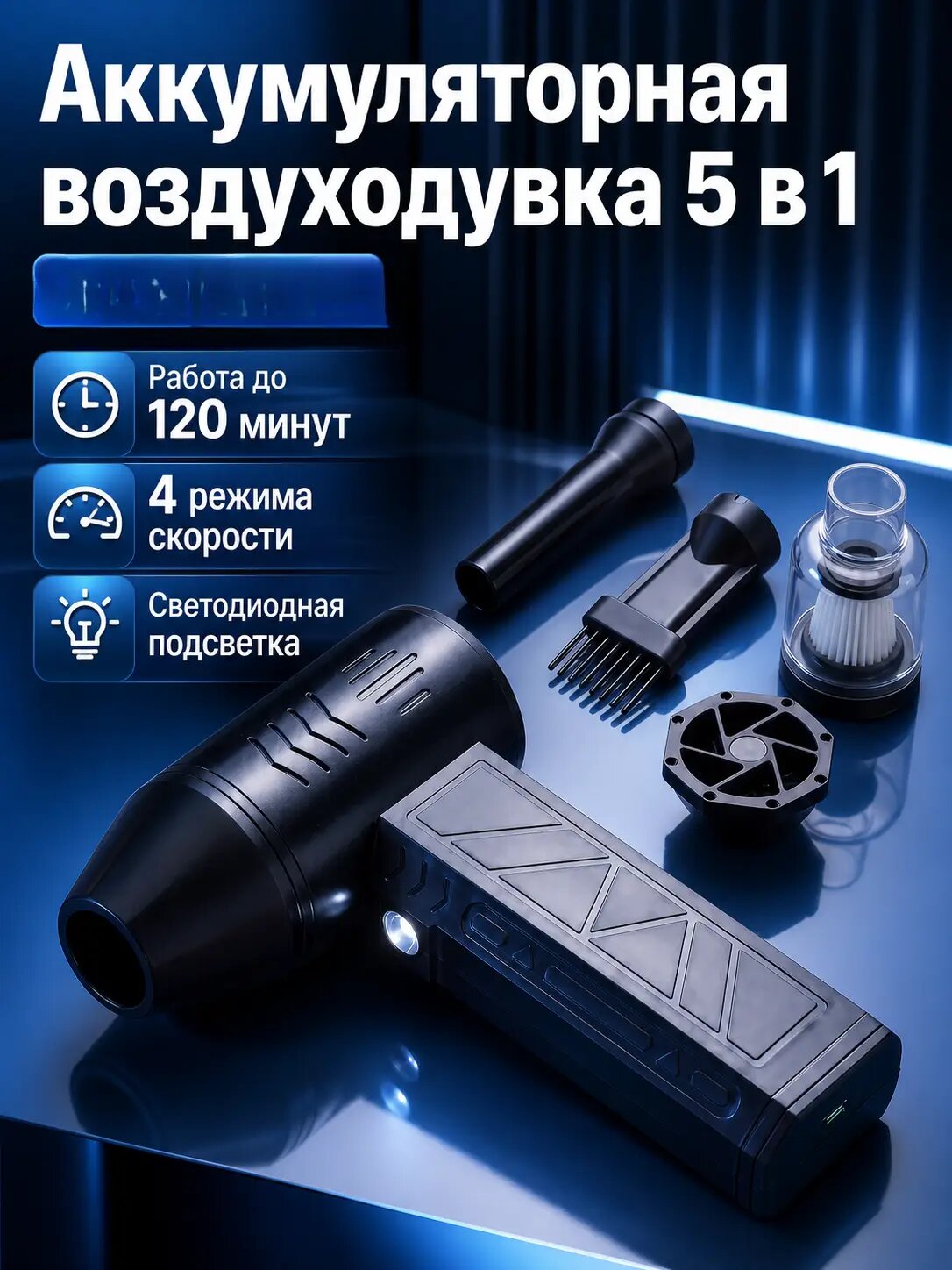 Воздуходувка 5 в 1 аккумуляторная мощная, ручной пылесос , 4000 мАч, 5 насадок, 4 режима, c защитным кейсом и TYPE-C