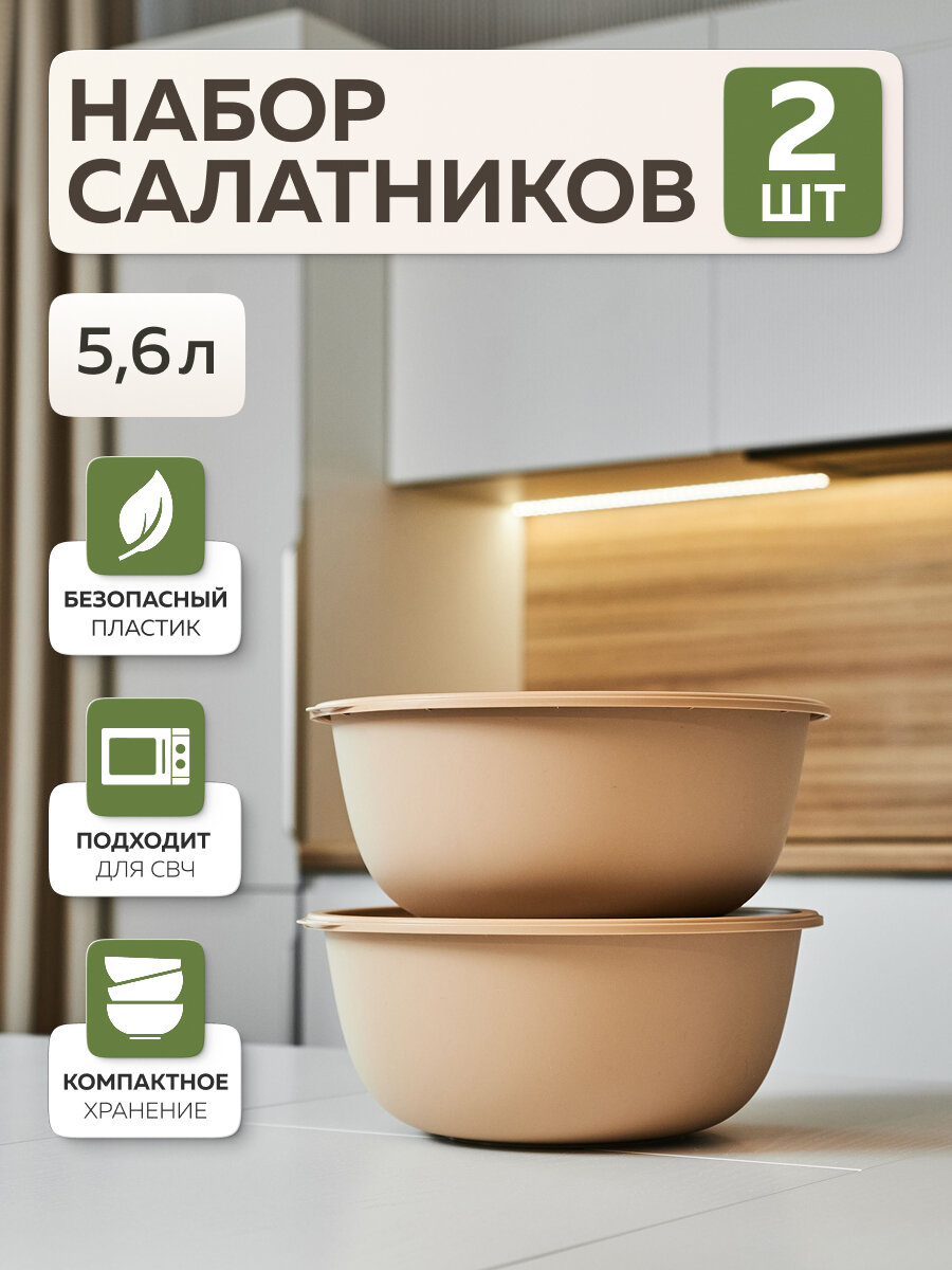 Набор мисок с крышками «Шарм №33», Альт-Пласт, 5,6л (2шт), пластик, какао