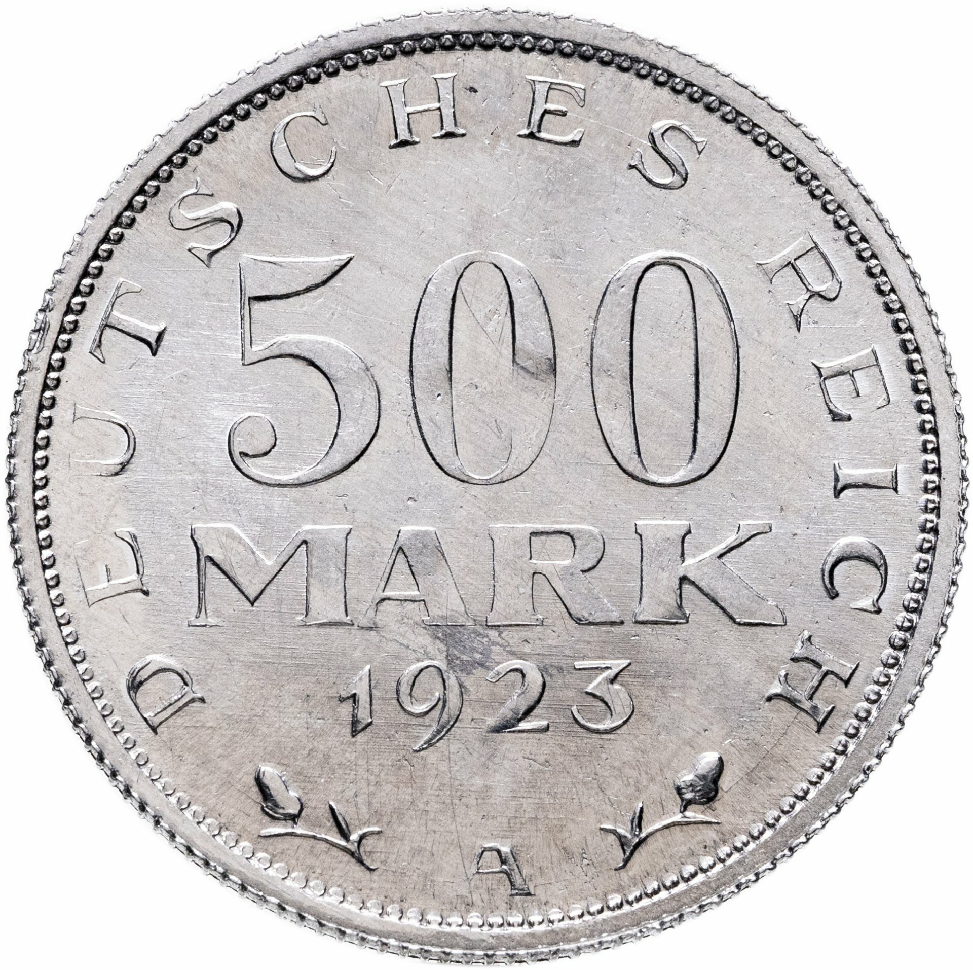 Германия 500 марок mark 1923, знак монетного двора "A" — Берлин, Алюминий, в сохранности AU-UNC