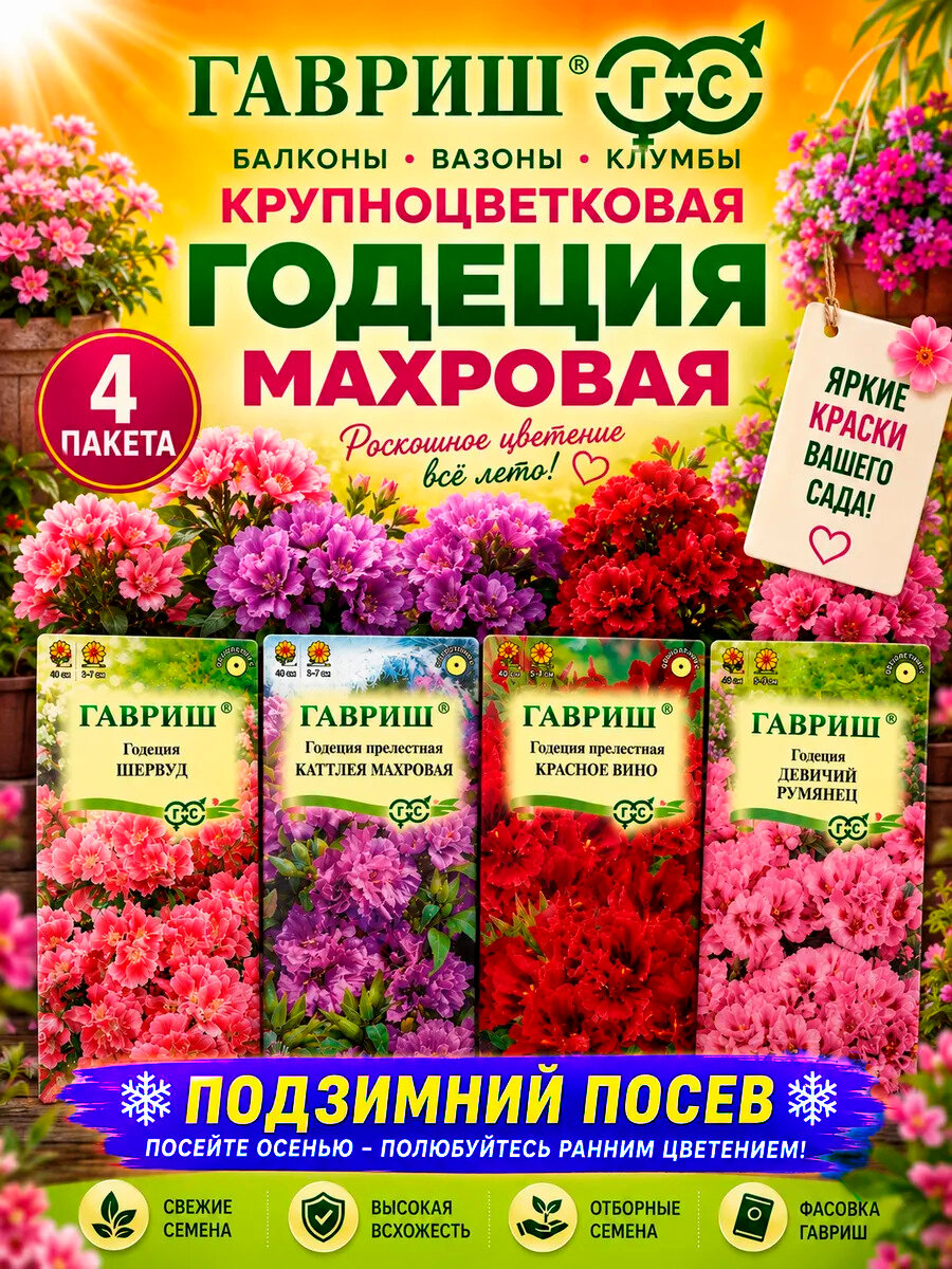 Годеция крупноцветковая махровая семена набор 4 пакета