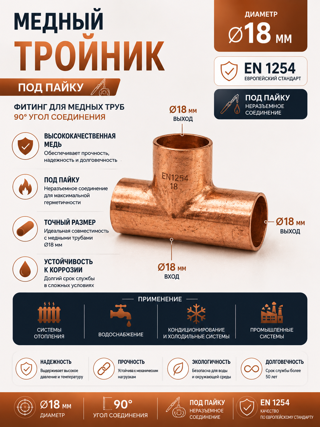 Тройник медный под пайку (фитинг для медных труб) 90 градусов, EN1254 18, диаметр 18мм