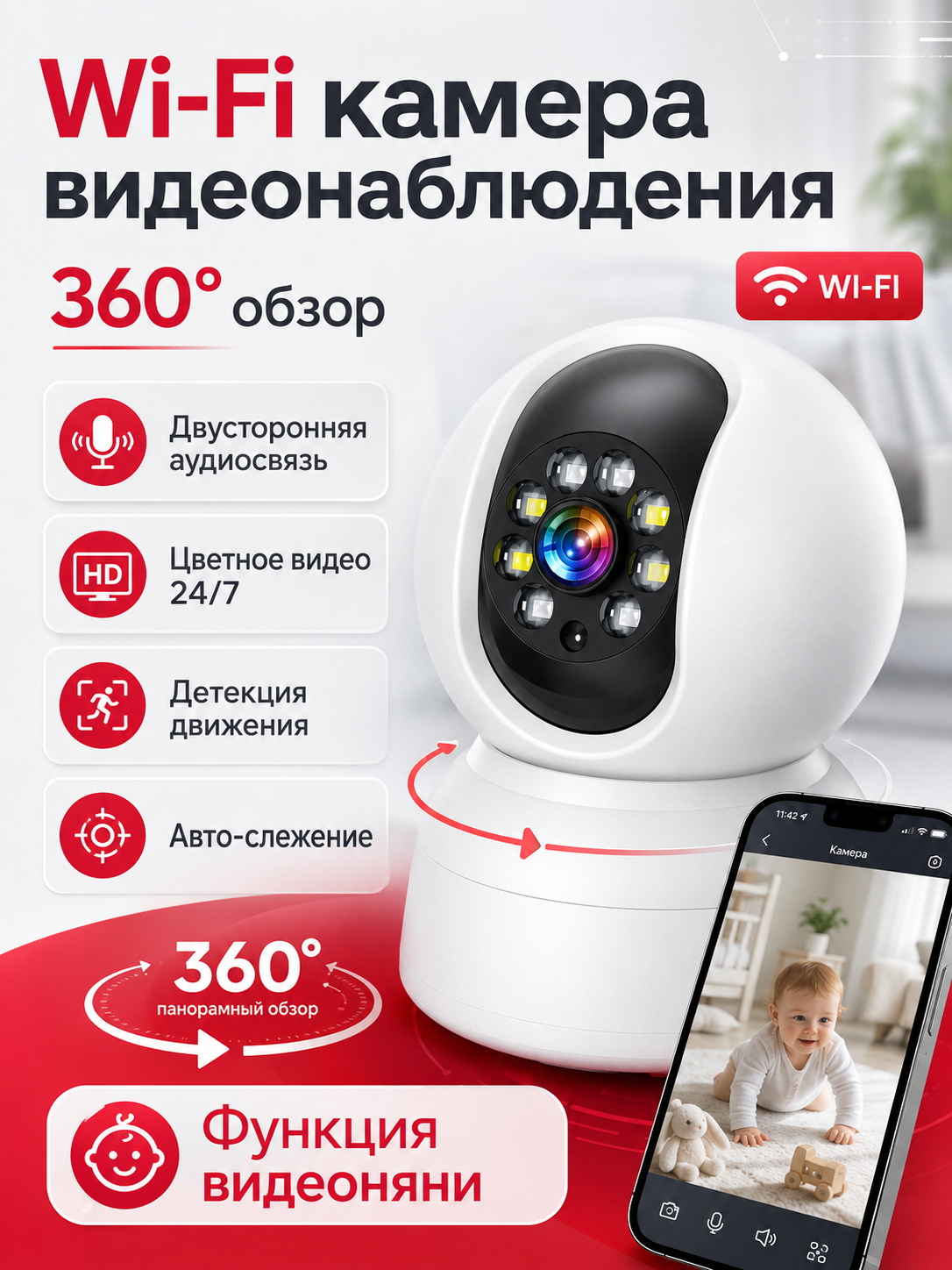 Камера видеонаблюдения wifi для дома, видеокамера поворотная с датчиком движения