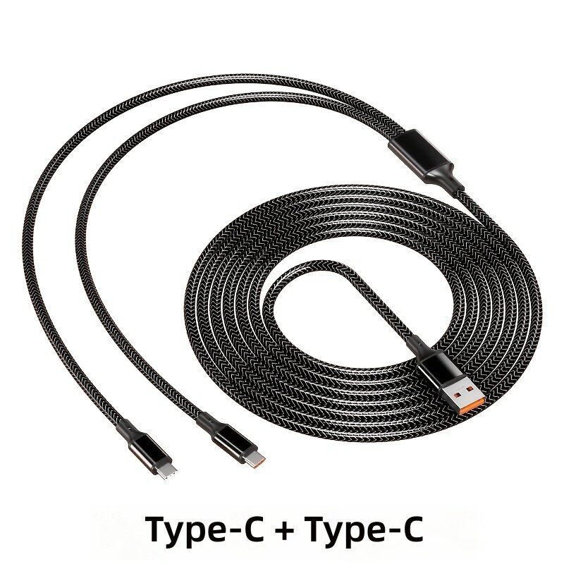 6A Супербыстрая зарядка 2-в-1 плетеный нейлоновый кабель для данных и зарядки, USB-A на 2x Type-C, 2 м, черный