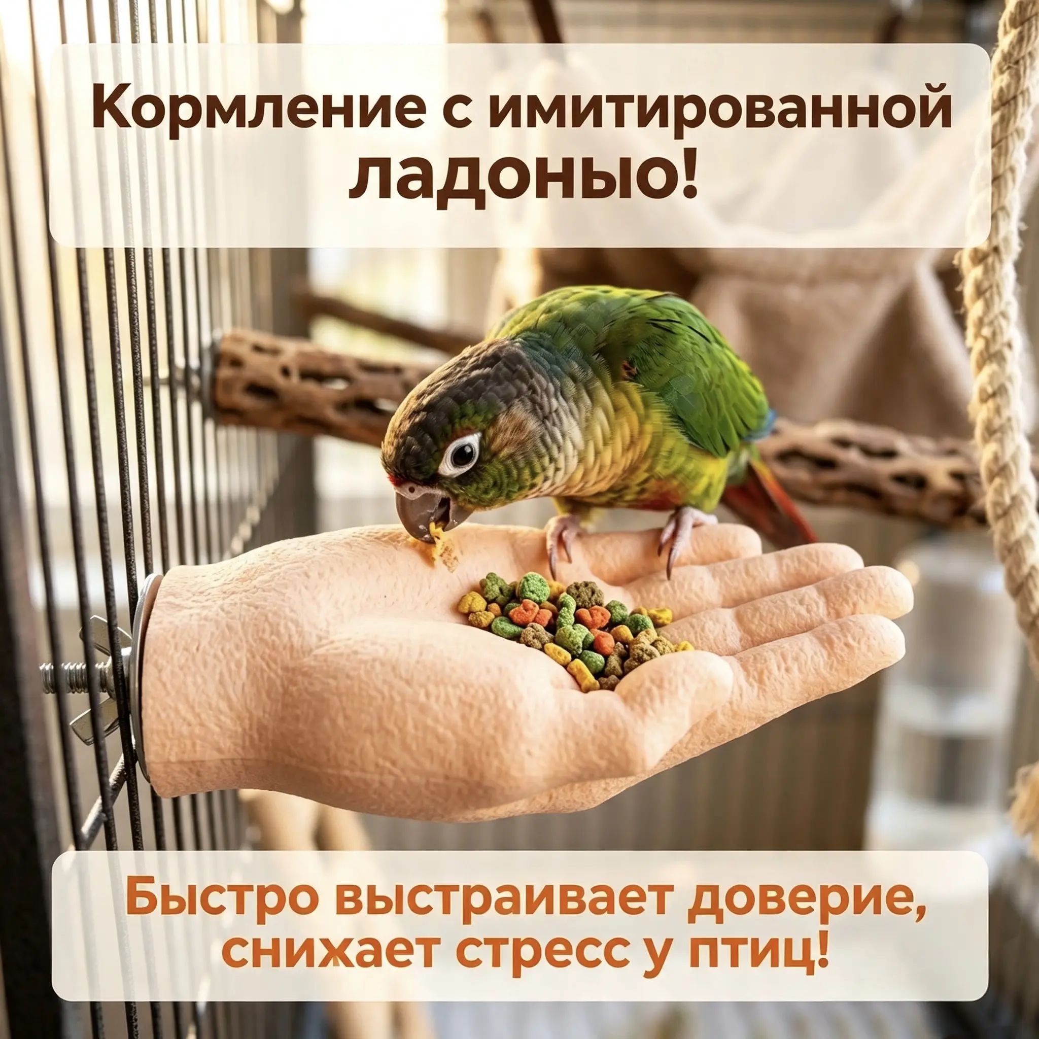 Тренировочная жердочка для попугаев в форме руки, раскрытая ладонь с пальцами, бежевый цвет 1