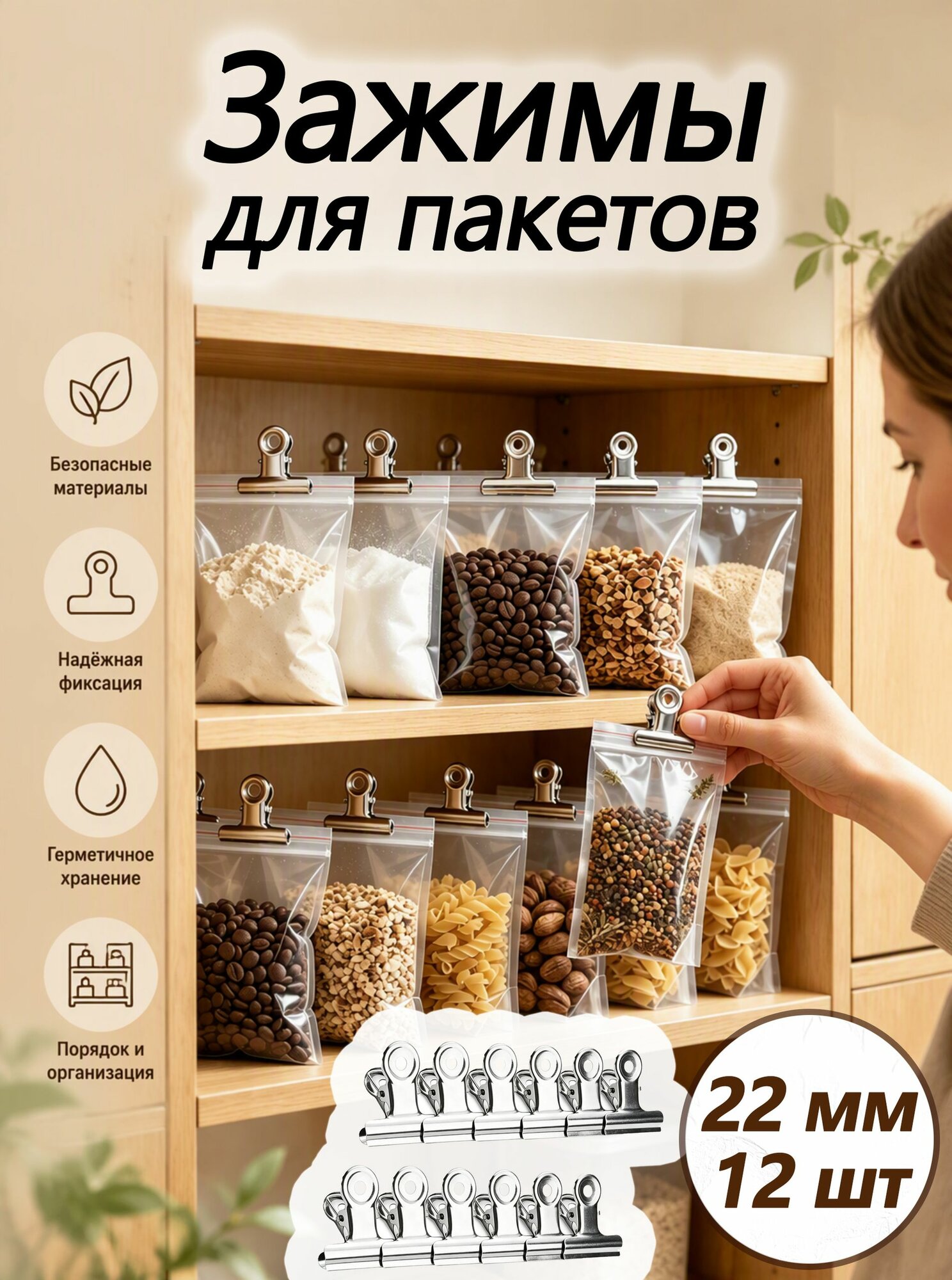 Зажимы для пакетов кухонные, 22 мм, набор 12 шт. для специй и продуктов