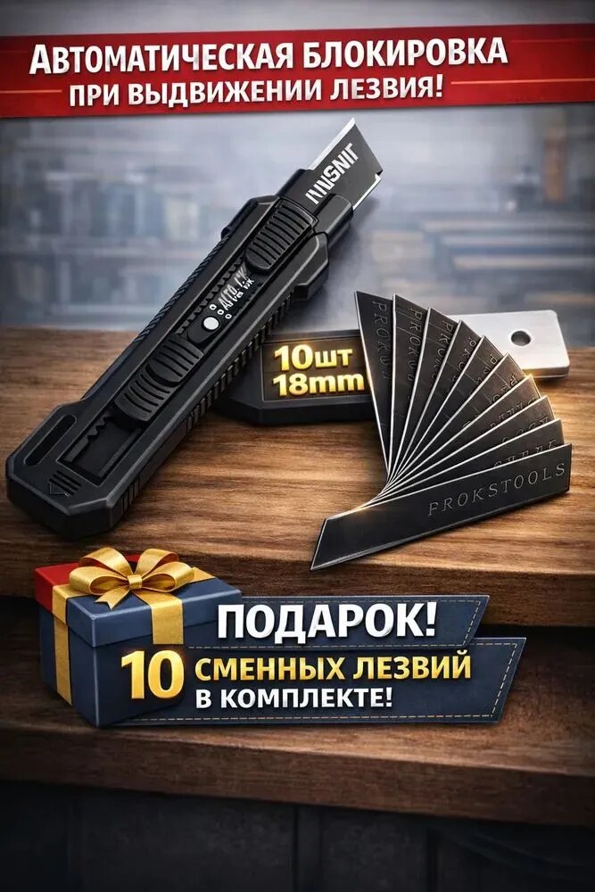Безопасный нож с автоматическим замком18 мм, 1 лезвие + 10 сменных