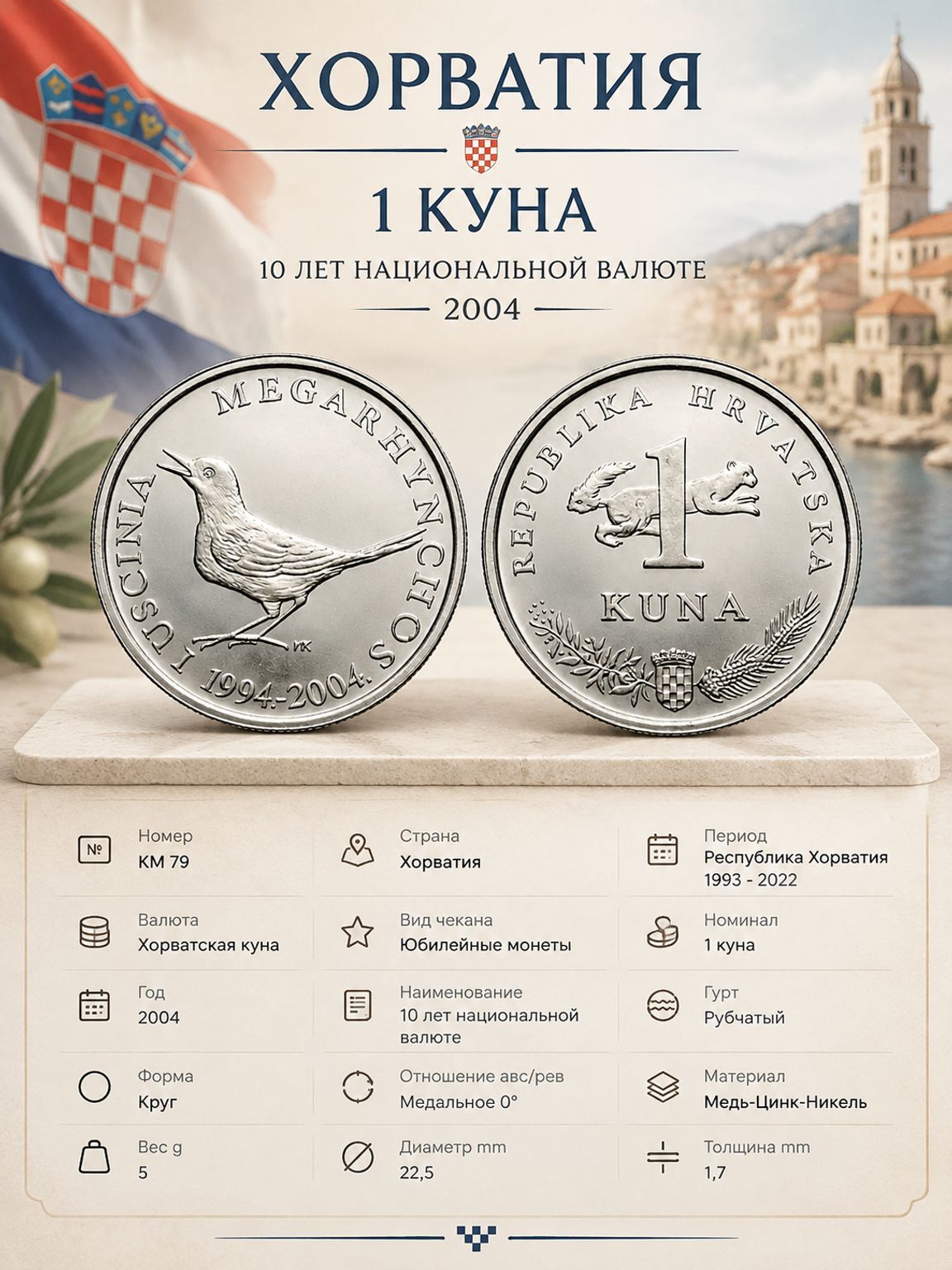 Хорватия 1 куна, 2004 10 лет национальной валюте XF