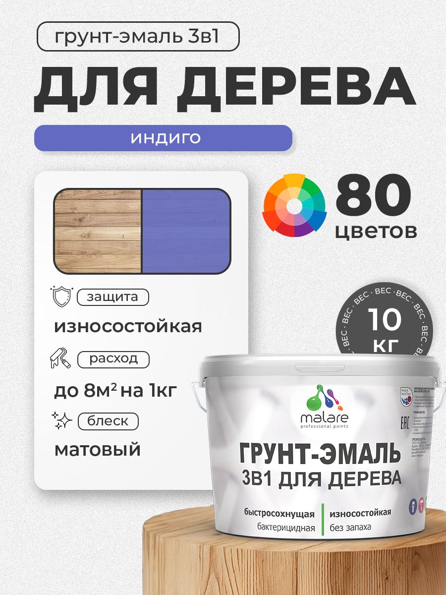 Акриловая Грунт-Эмаль 3 в 1 Malare для деревянных поверхностей/ краска по дереву с антисептическим эффектом/ быстросохнущая моющаяся без запаха матовая, индиго, 10 кг