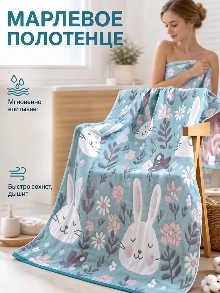 Полотенце для ванной 80x160 см, светло-синий, 1 шт，Банное полотенце прямоугольного сечения Bunny синего цвета