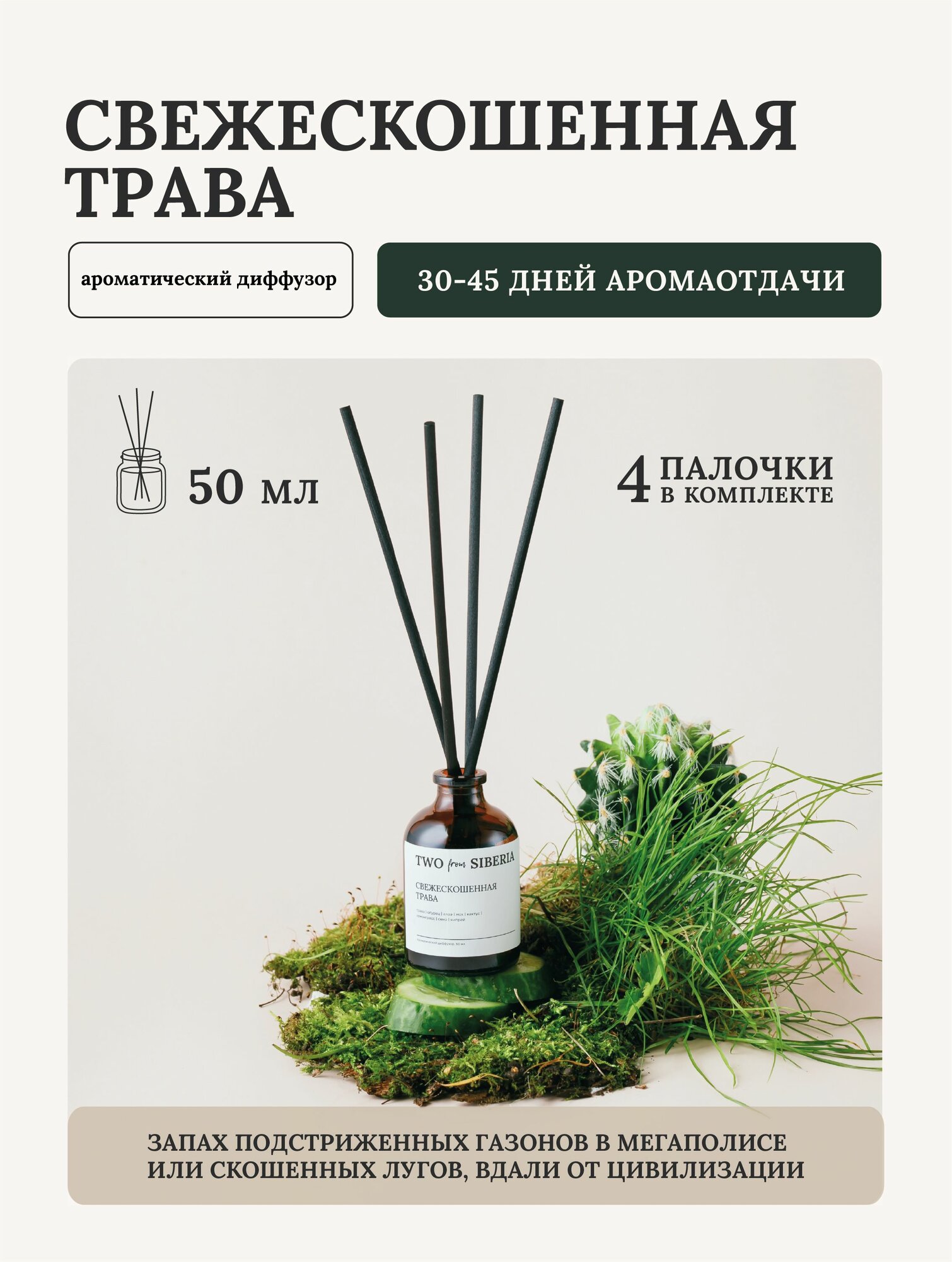 Ароматический диффузор "Свежескошенная трава" от бренда TWO FROM SIBERIA, 50 мл
