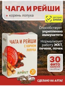 Чага березовая натуральная и рейши с корнем лопуха 30 капсул, натуральное средство с Алтая