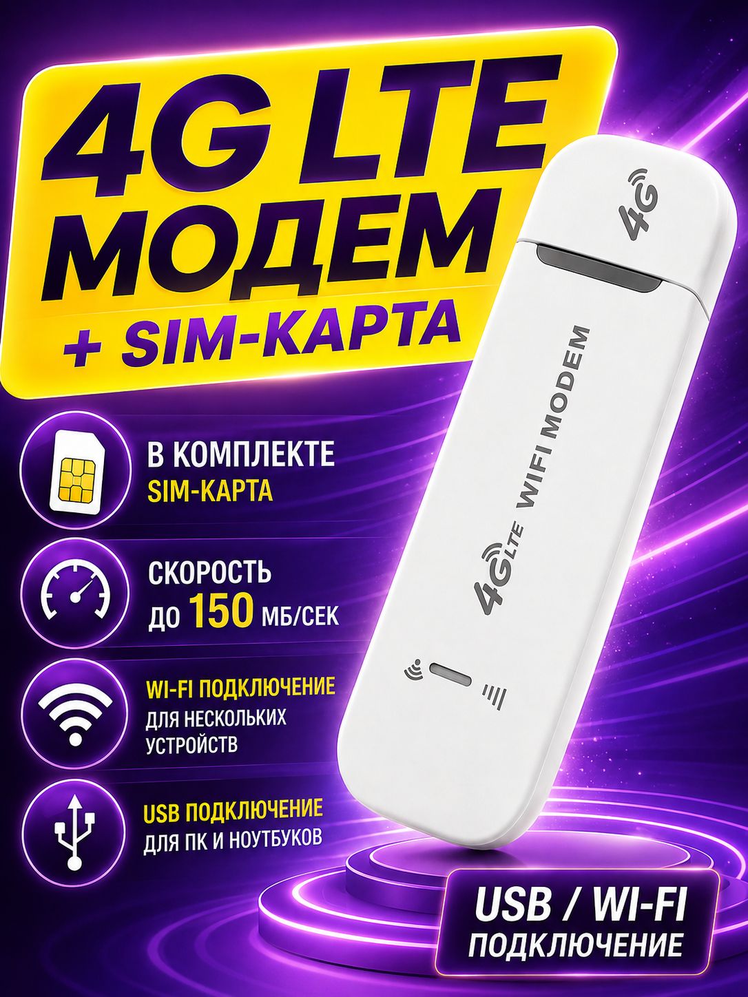 Модем 4G WiFi с сим в комплекте, модем для сим карты в USB с раздачей, модем для ноутбука