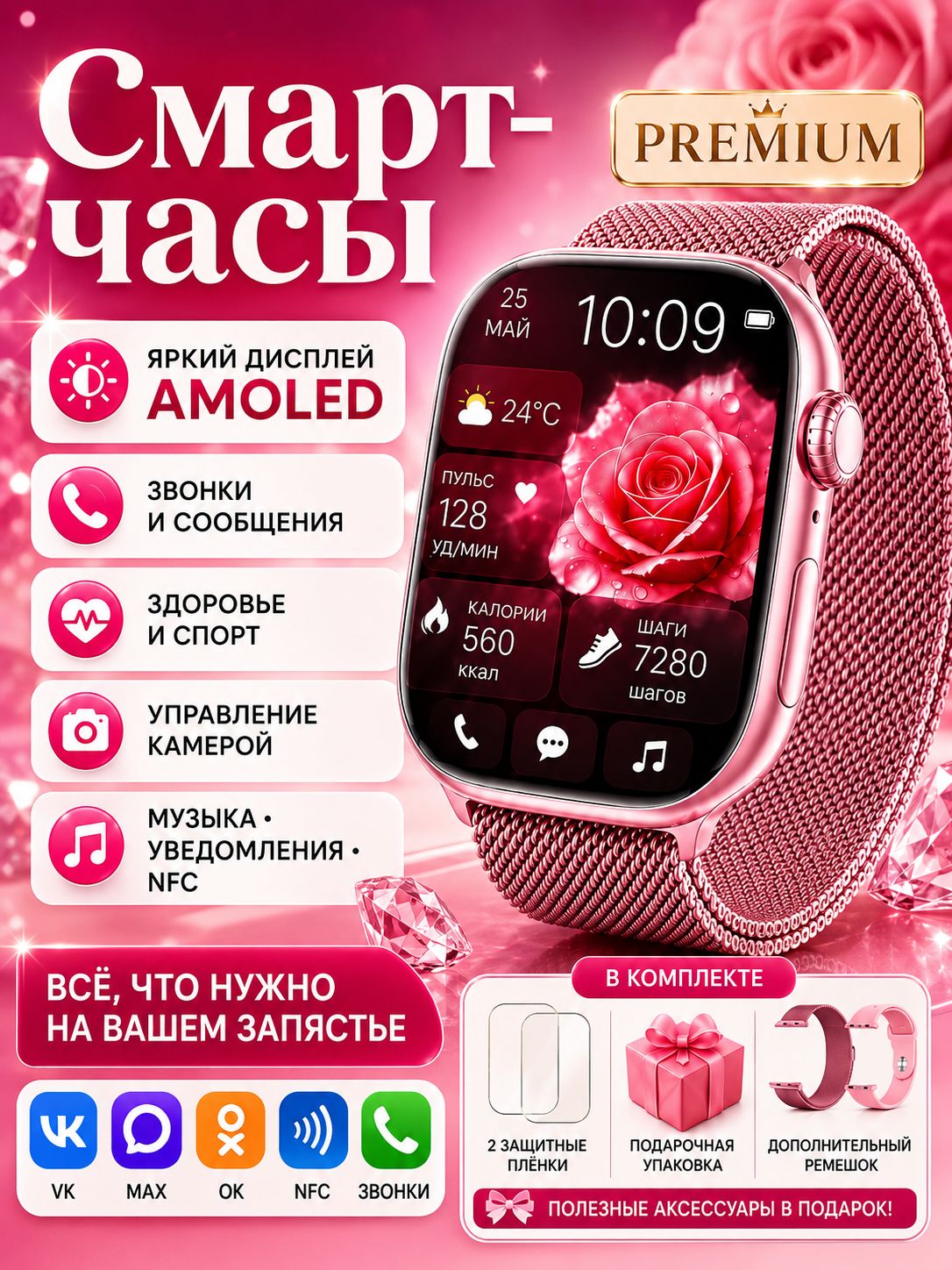 Tooluck Смарт-часы Умные часы Watch Series Версия 2026 для России, 2.01" AMOLED, IP67, пульс/давление/сахар, уведомления, Android/iOS, 46 мм, розовый цвет, 46mm, Watch Series розовый цвет
