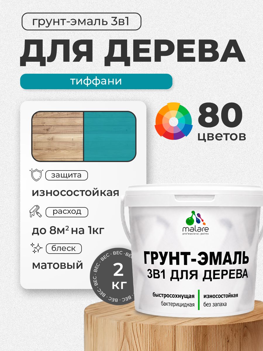 Акриловая Грунт-Эмаль 3 в 1 Malare для деревянных поверхностей/ краска по дереву с антисептическим эффектом/ быстросохнущая моющаяся без запаха матовая, тиффани, 2 кг