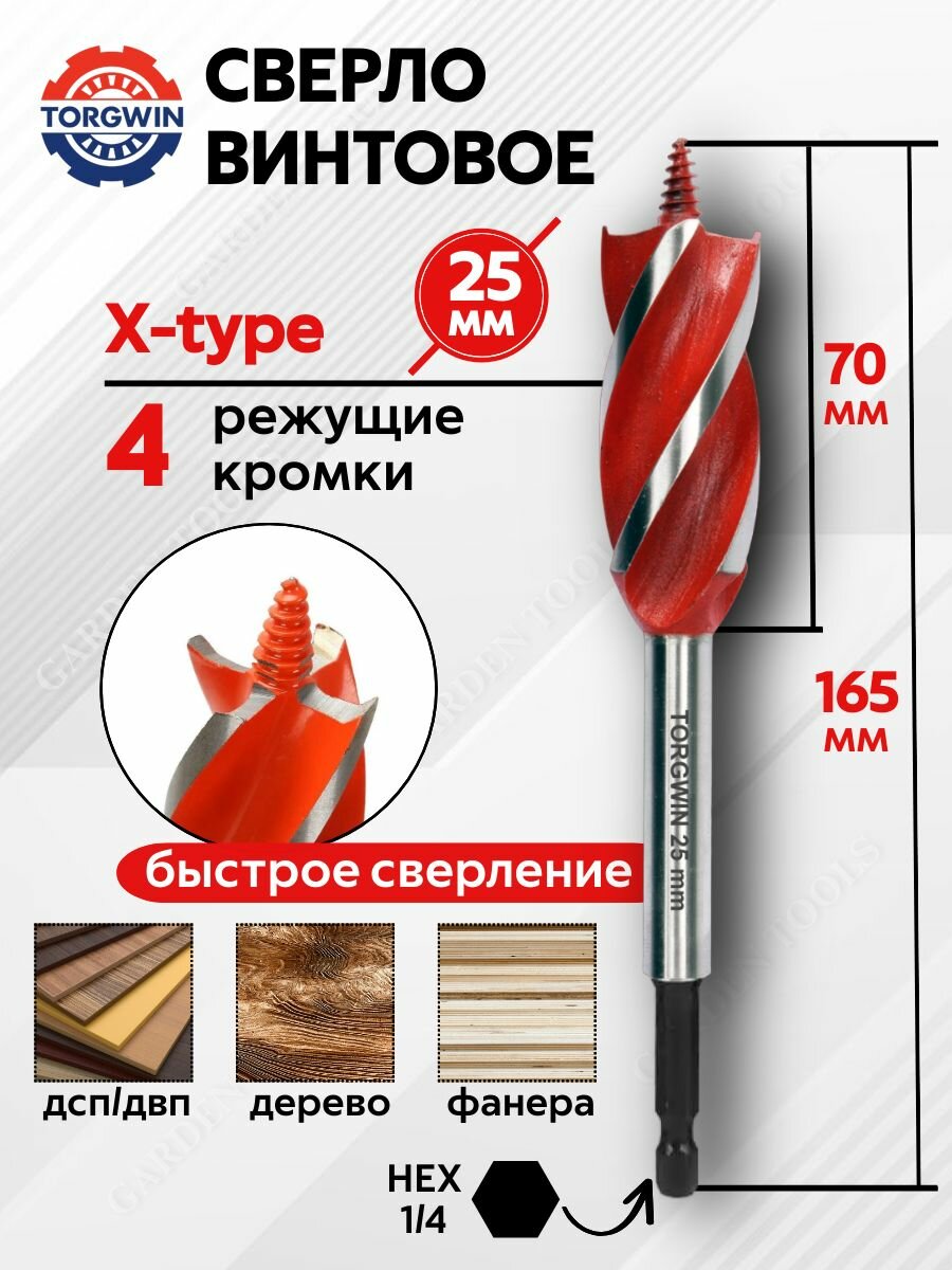 Сверло по дереву винтовое X-type 25 мм TORGWIN