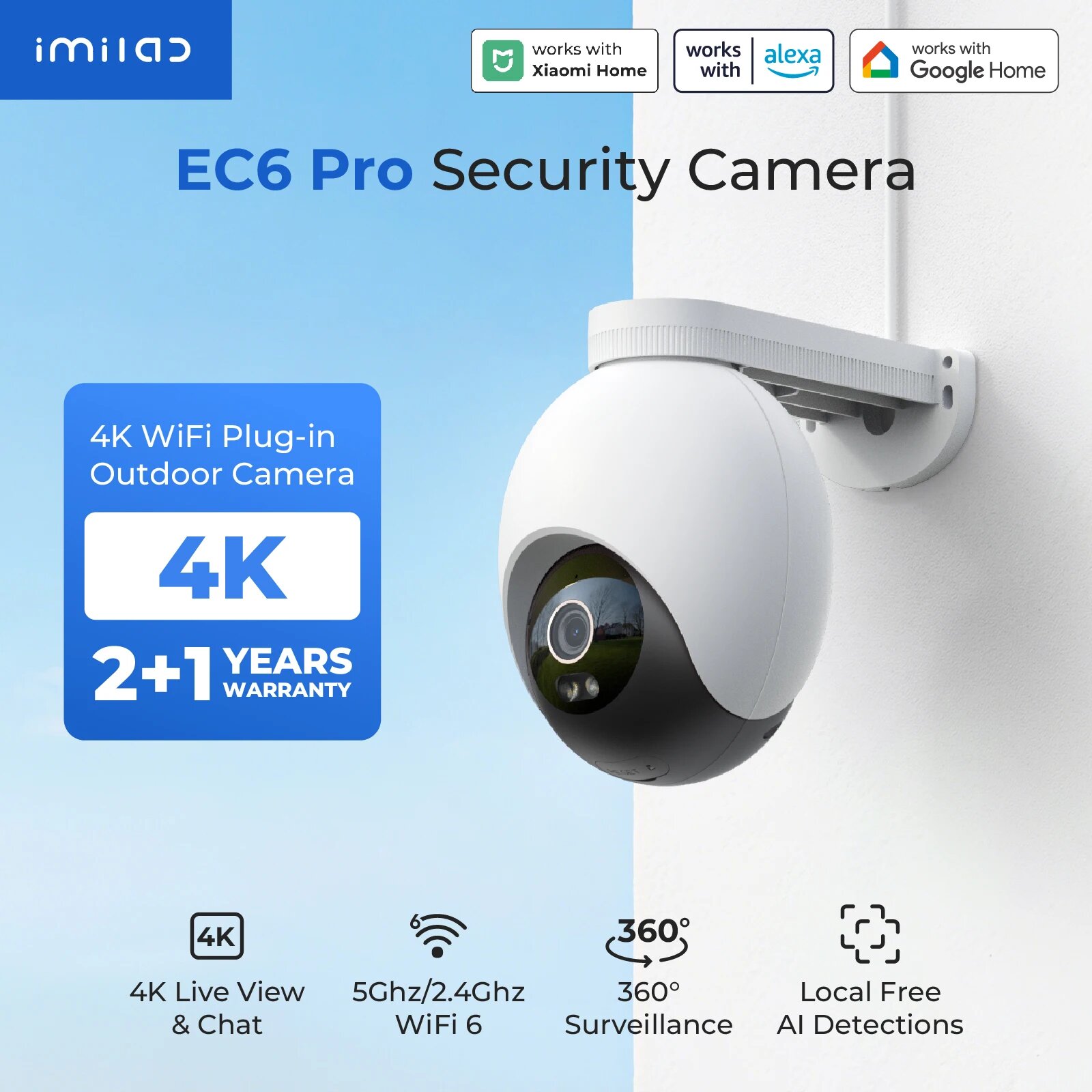 Камера безопасности для улицы IMILAB EC6 Pro 8MP с подключением по WiFi 2.4G/5G, с ИИ-обнаружением, автоматическим трекингом, круглосуточной записью, совместима с MiHome-