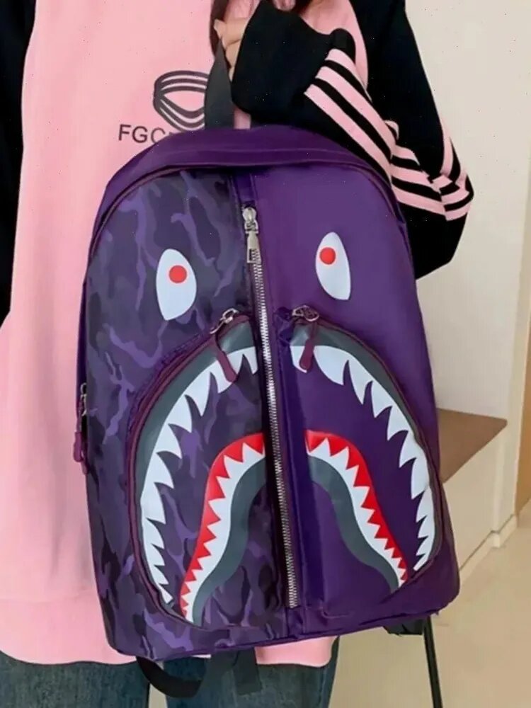 Рюкзак Bape Ape Shark - вместительный фиолетовый рюкзак из нейлона для мужчин и женщин с внутренним карманом — фото 1