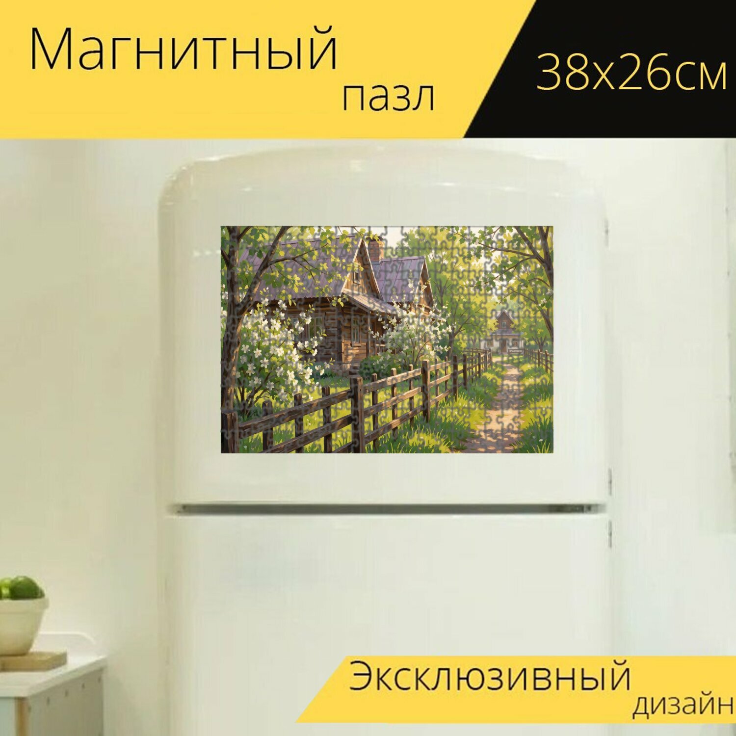 Магнитный пазл "Весенняя деревня с цветущими домами. Уютный сельский пейзаж в живописном стиле: деревянные избы, тропинка вдоль забора, сад в белом цвету." для интерьера, 38х26 см.