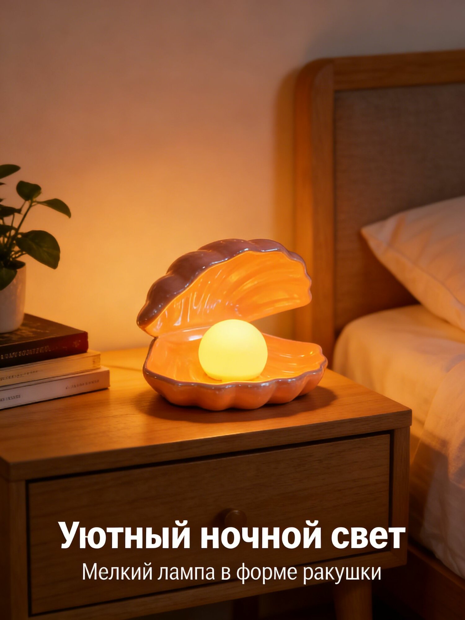 Ночник-ракушка с жемчужиной, керамический, LED, с функцией хранения, белый/розовый
