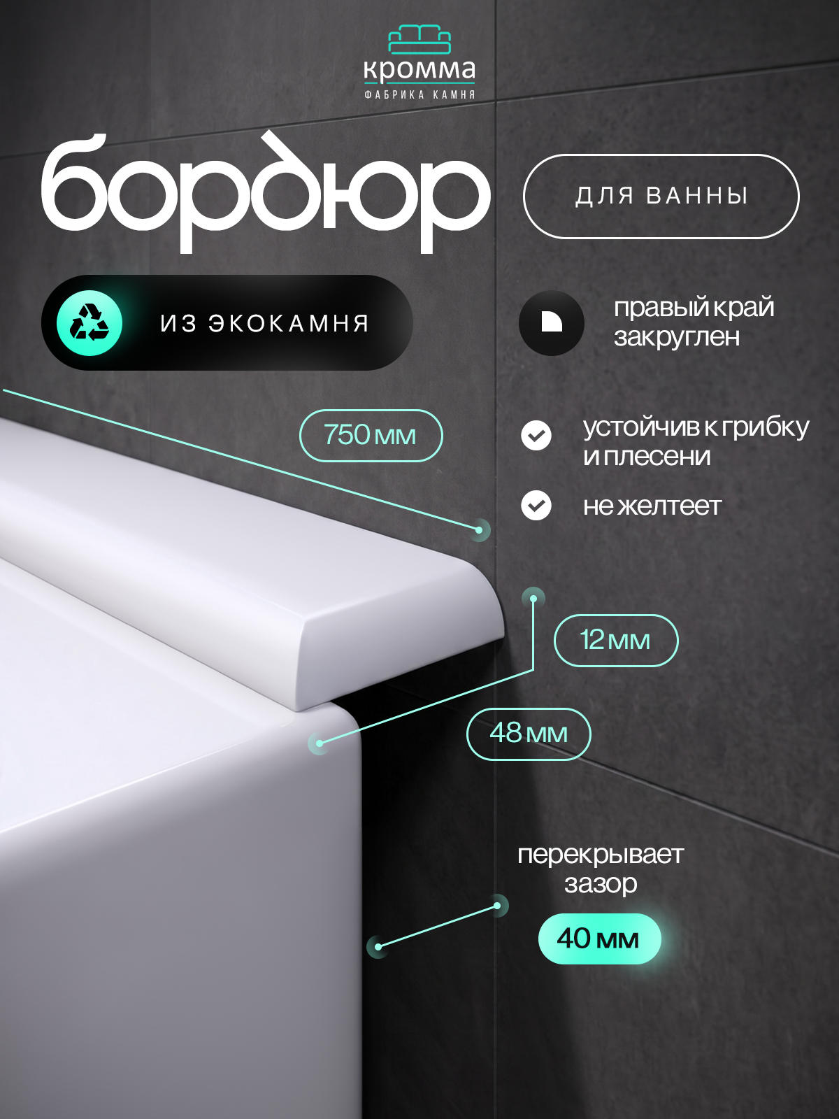 Акриловый бордюр плинтус для ванны 48/750 мм. белый цвет, глянцевая поверхность, правый