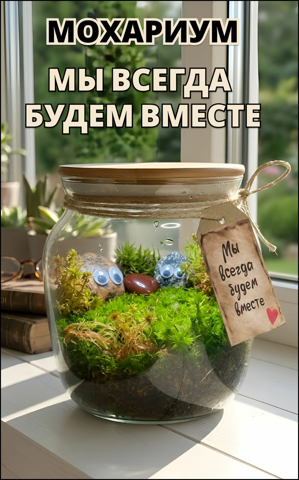 Флорариум Мохариум с живым мхом и подсветкой оригинальный подарок девушке, жене, коллеге, любимому на 14 февраля, 8 марта, праздник.