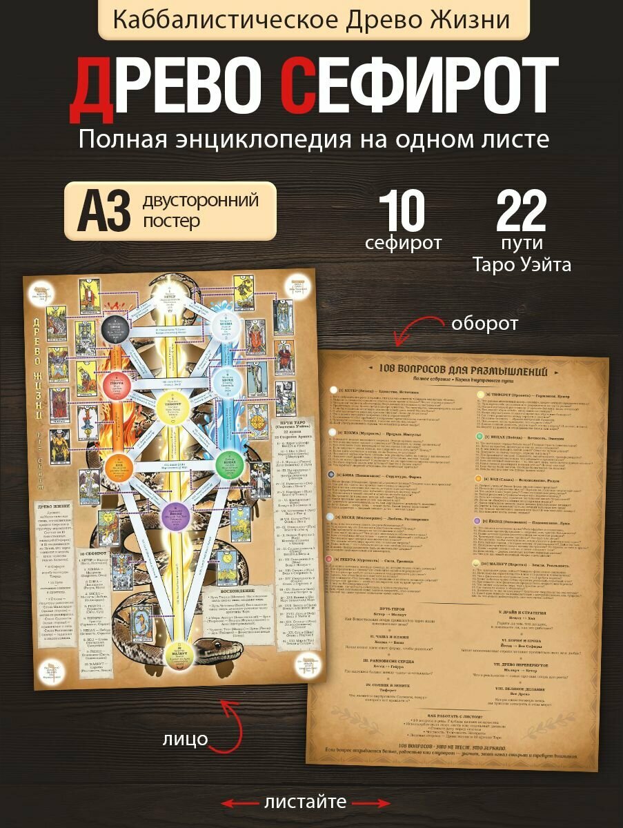 Постер Древо Сефирот двусторонний А3 / Каббала и Таро / 10 сефирот 22 пути / Схема Древа Жизни с картами Уэйта / Для тарологов и эзотериков