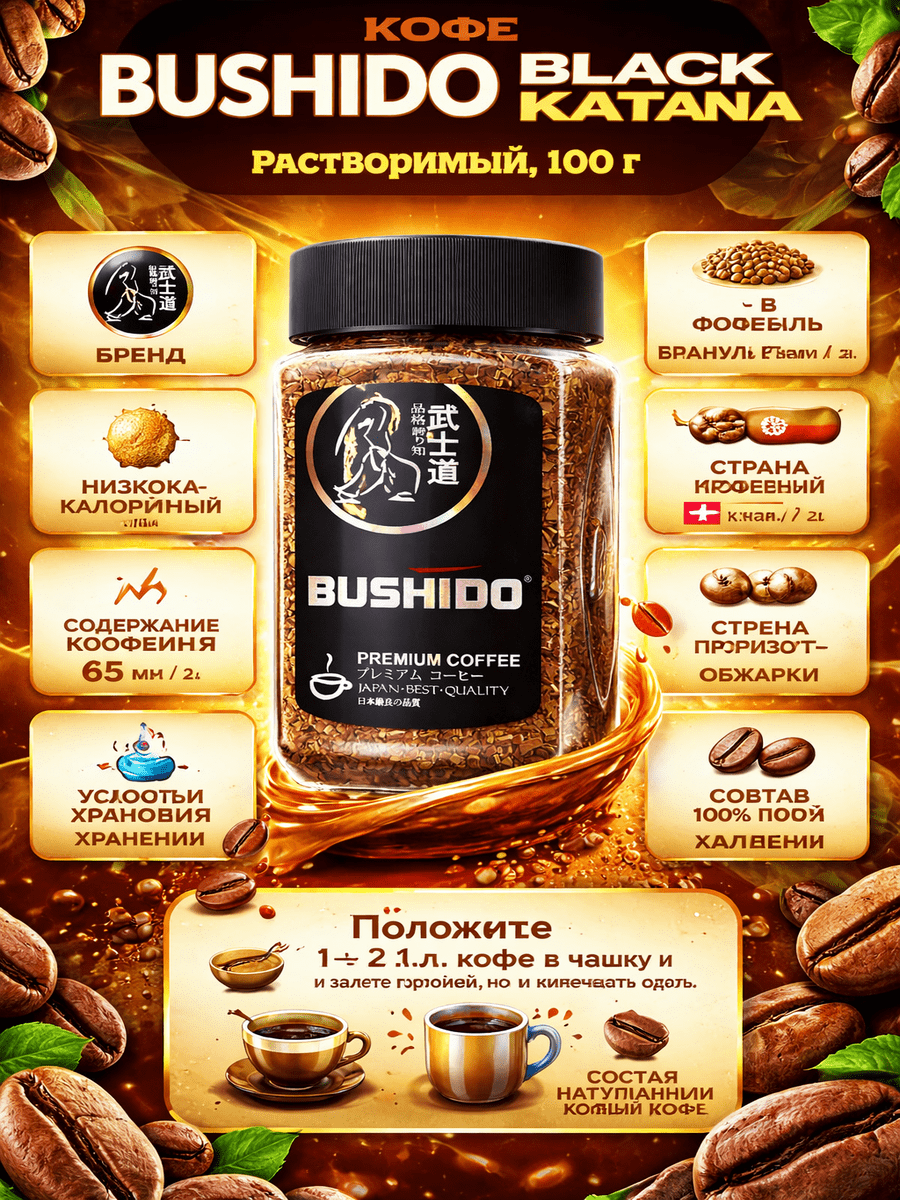 Кофе Bushido Black Katana растворимый, 100г