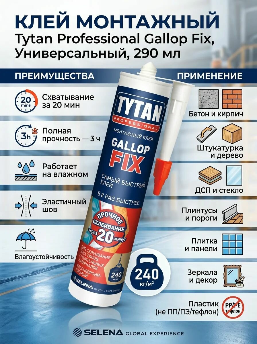 Клей монтажный Tytan Professional "Gallop Fix", белый, влагостойкий, быстросхватывающий, 290мл