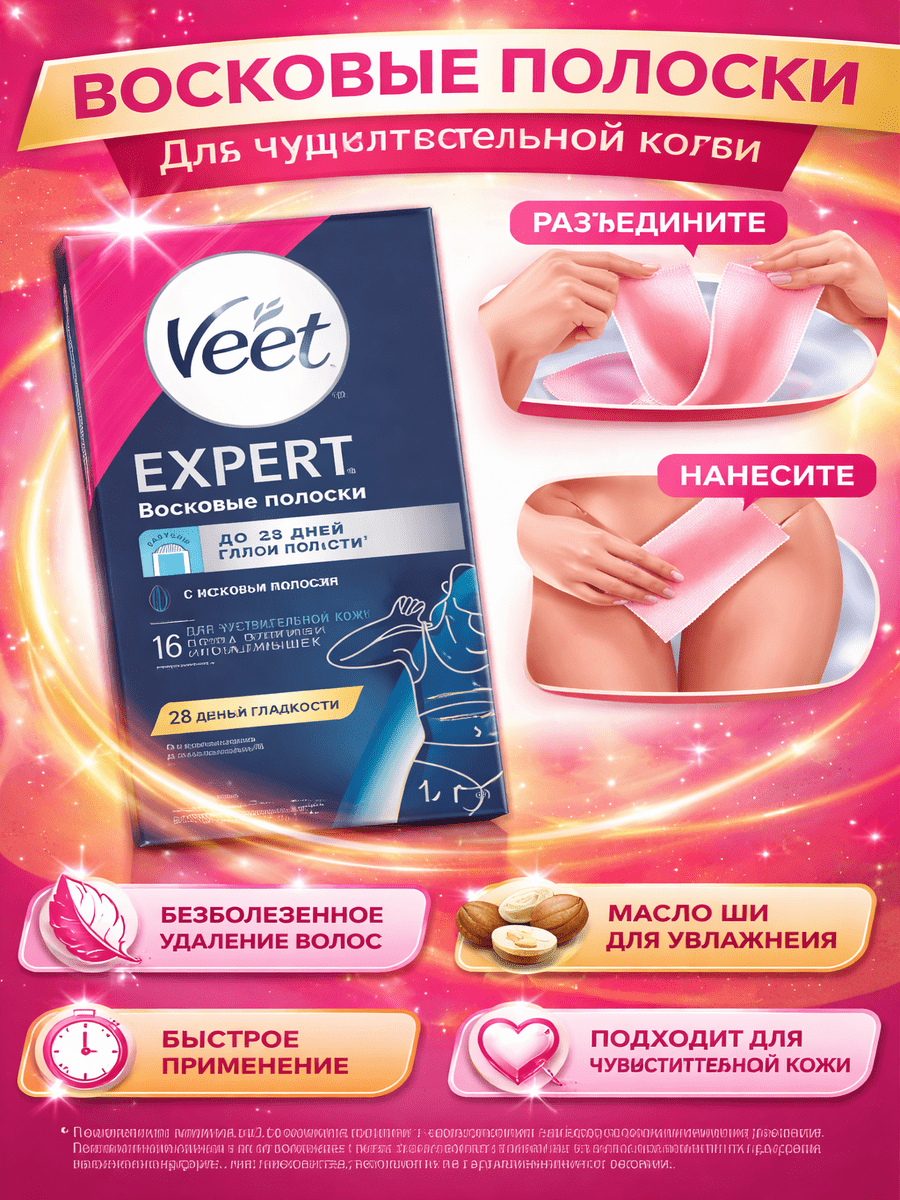 Полоски восковые Veet Expert для чувствительной кожи, 16шт