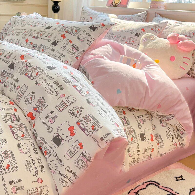Детский комплект постельного белья Hello Kitty из четырех предметов: простыни и пододеяльники из чистого хлопка с
