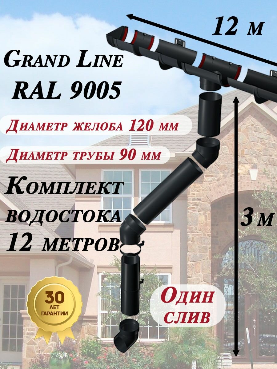 Водосточная система Grand Line 12 м по 1 метру (один слив) 120мм/90мм черный водосток для крыши пластиковый Гранд Лайн ( RAL 9005 черный янтарь ) комплект ПВХ