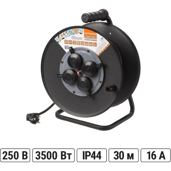 Удлинитель силовой Tdm Electric УХз16-004 (метал. катушка, А3, 4 места IP44/30 м КГ 3500 Вт) Народный, SQ1307-0160
