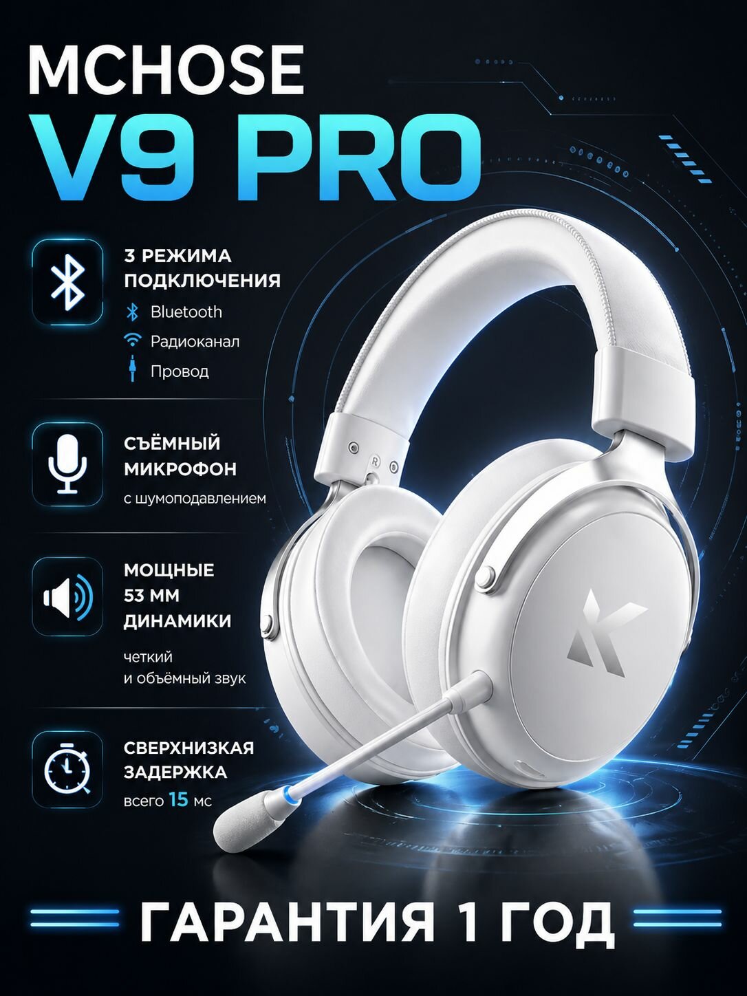 Игровые беспроводные наушники MCHOSE V9 PRO, с микрофоном, Bluetooth, Радиоканал, 3.5 мм, USB Type-C, бело-серебристые