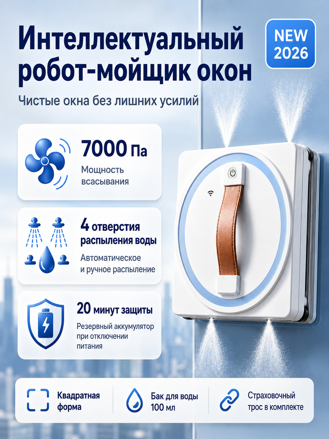 Робот мойщик окон квадратный с 4 распылителями 7000 ПА мощный