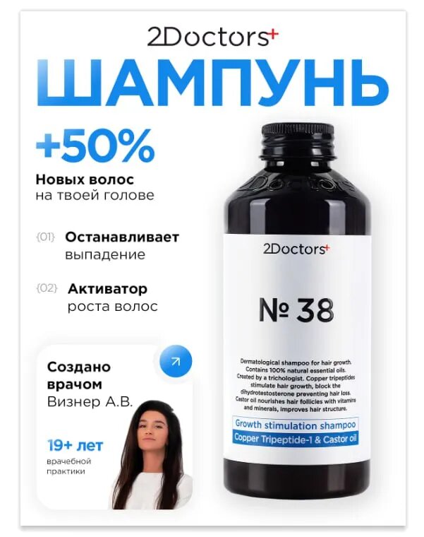 Пептидный шампунь против выпадения волос " Трипептиды меди + Касторовое масло " для роста волос , женский профессиональный / мужской , №38 от 2Doctors,