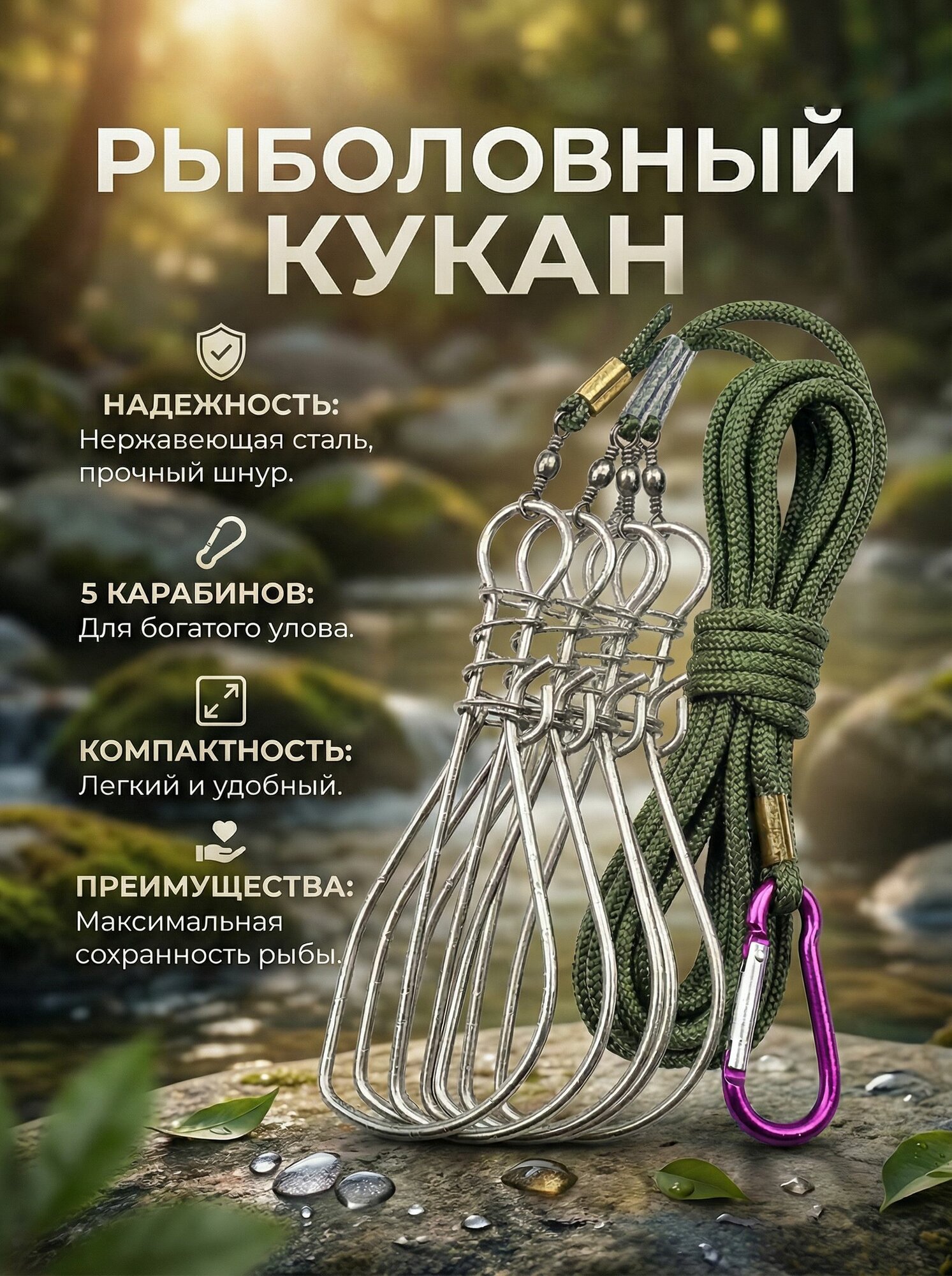 Кукан рыболовный с веревкой на 5 карабинов / Кукан для подводной охоты