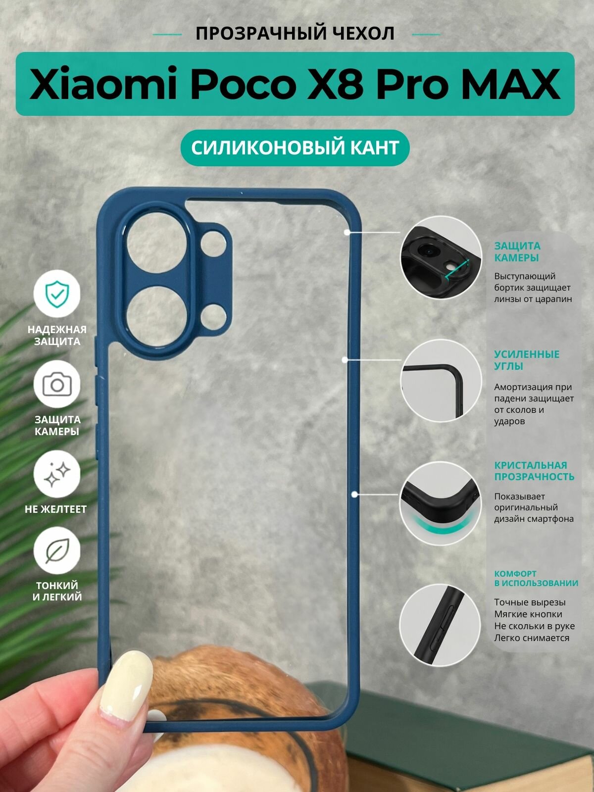 Чехол на Xiaomi Poco X8 Pro Max / Поко Х8 Про Макс прозрачный с силиконовым кантом Crystal Case (Темно-синий)