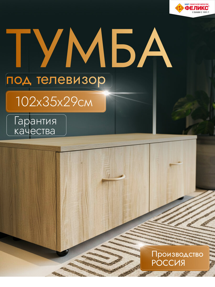 Тумба под телевизор напольная бежевая Дуб Сонома, 102х35х29 см