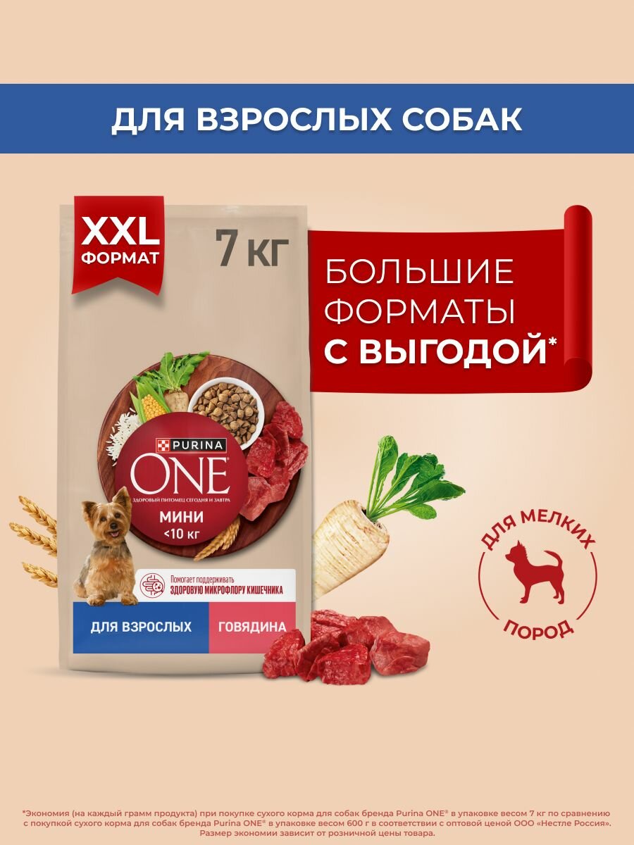 Сухой корм для собак PURINA ONE мини для мелких и карликовых пород, с говядиной и рисом, 7 кг