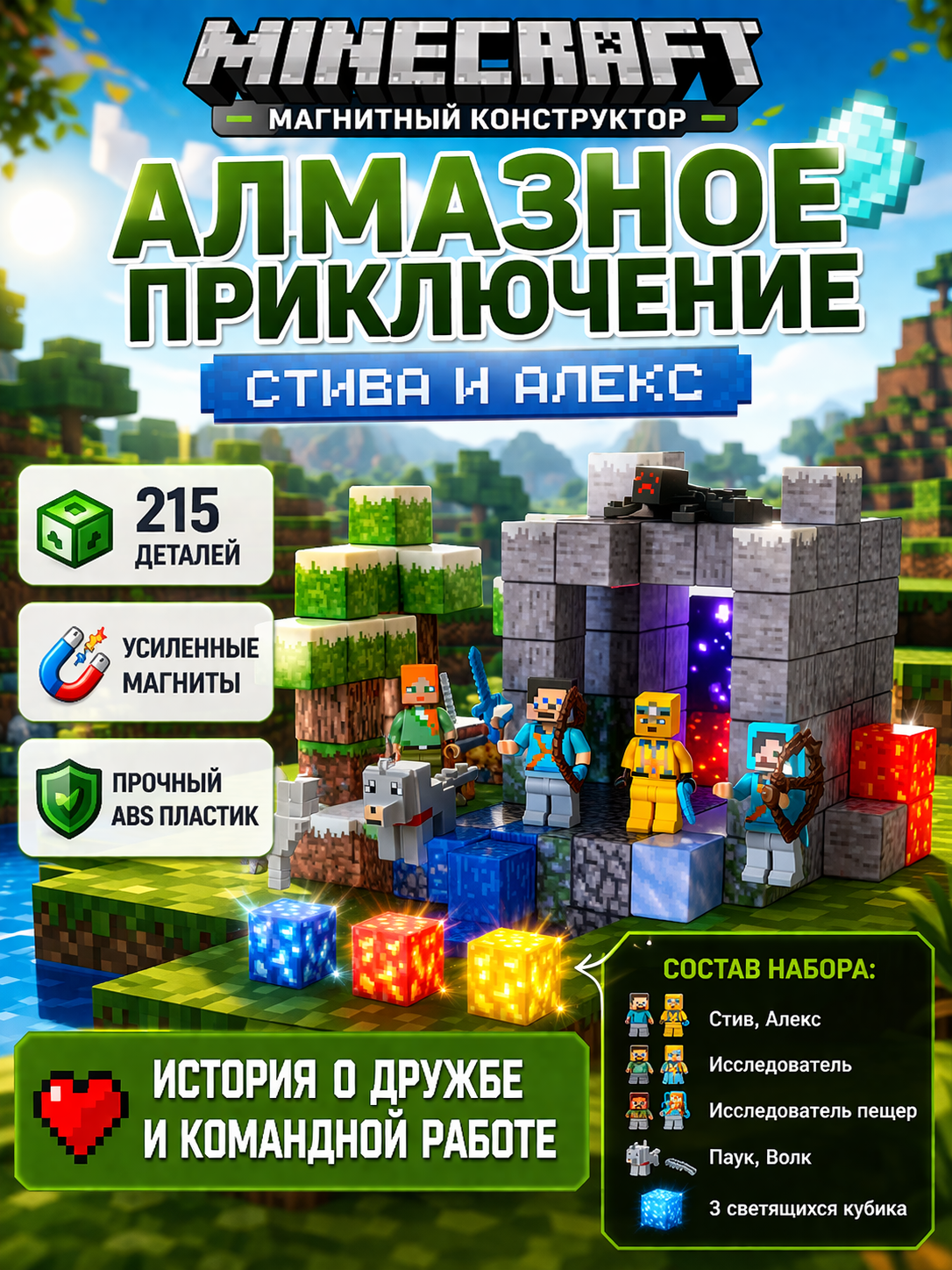Конструктор LampStory "Minecraft, Алмазное приключение", магнитный, 215 деталей, 3 светящиеся куба, 10 фигурок