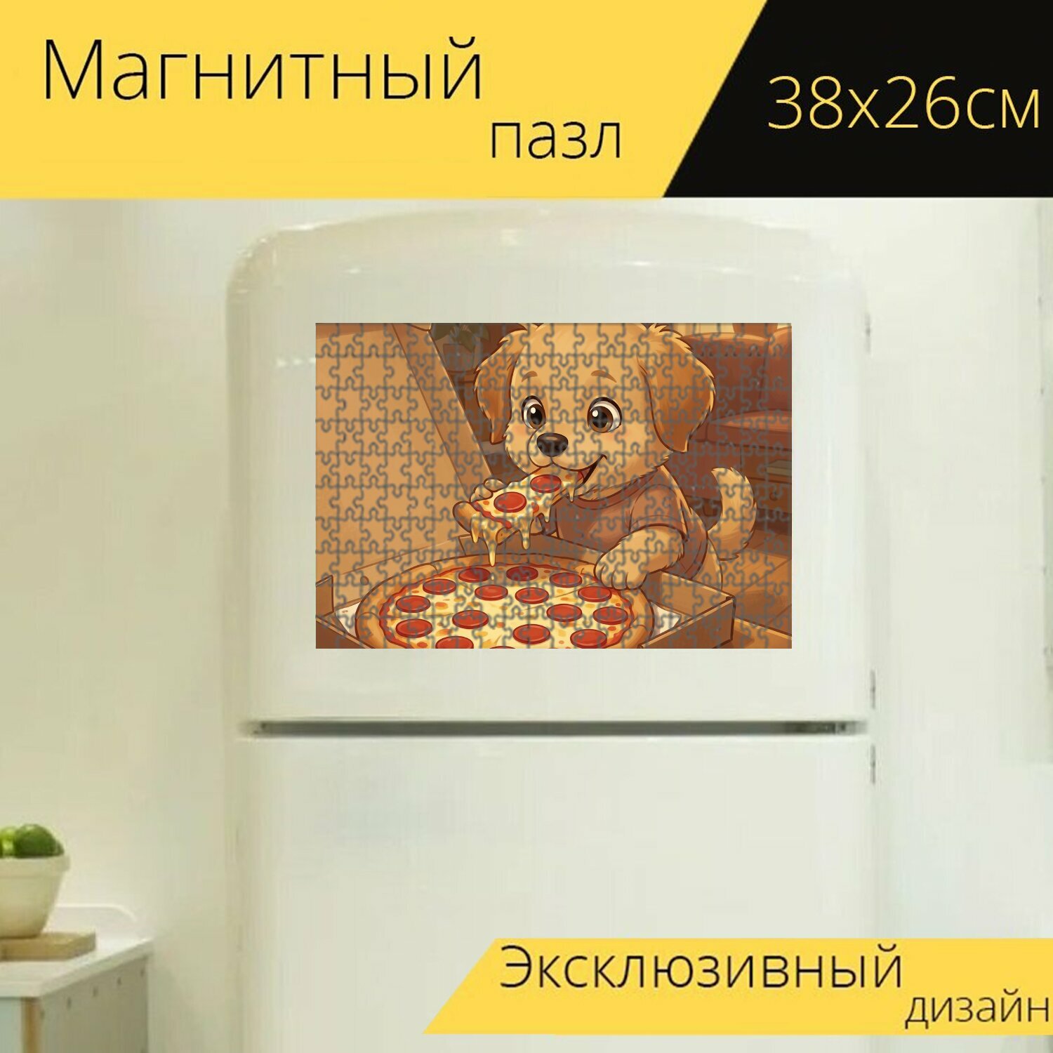 Магнитный пазл "Щенок ест пиццу дома. Милый мультяшный щенок в уютной гостиной с аппетитом ест горячую пиццу из коробки. Тёплые золотистые оттенки, мягкий." для интерьера, 38х26 см.