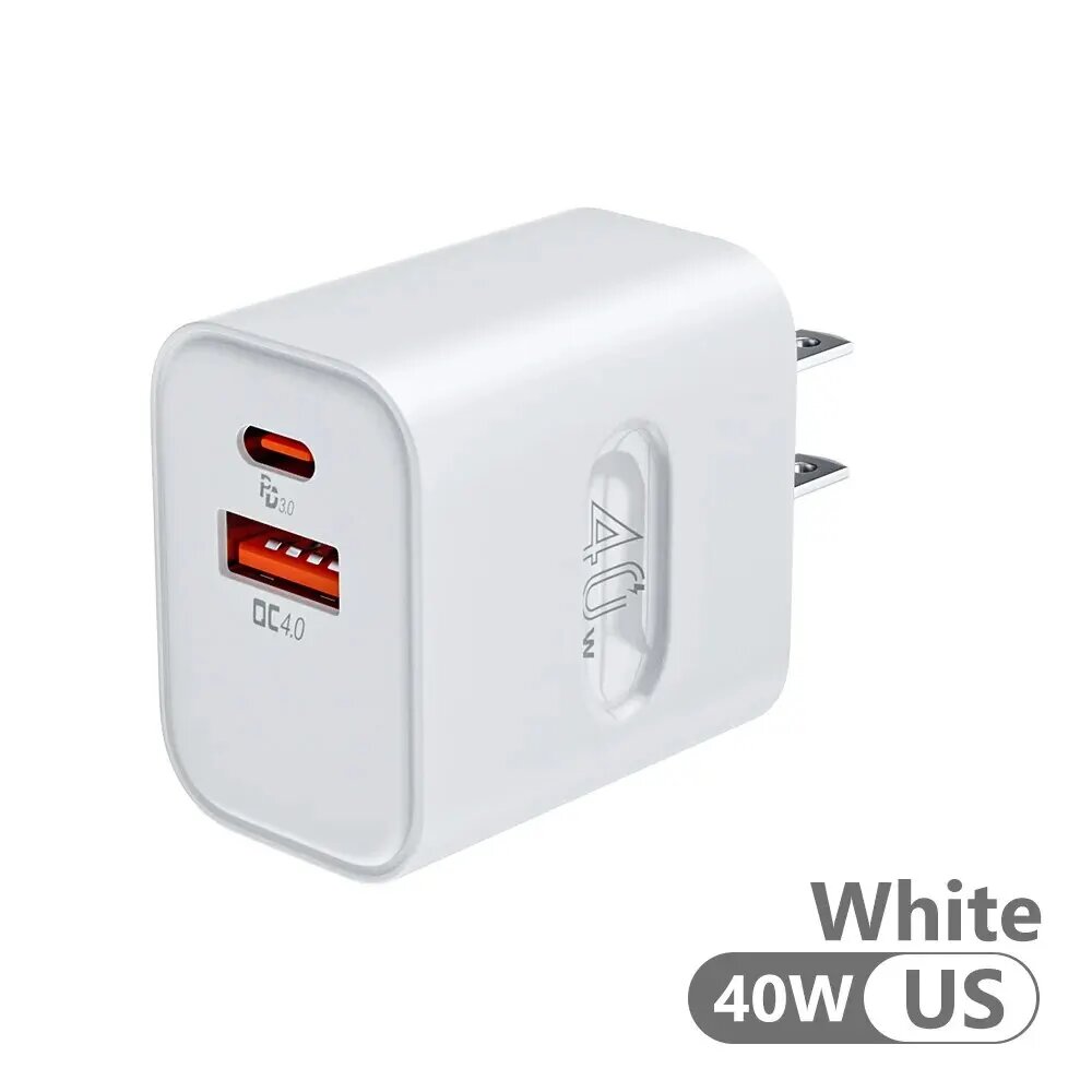 Быстрое Зарядное Устройство USB Type-C 40 Вт С QC4.0 PPS PD 20 Вт, Двухпортовый Адаптер Для US White