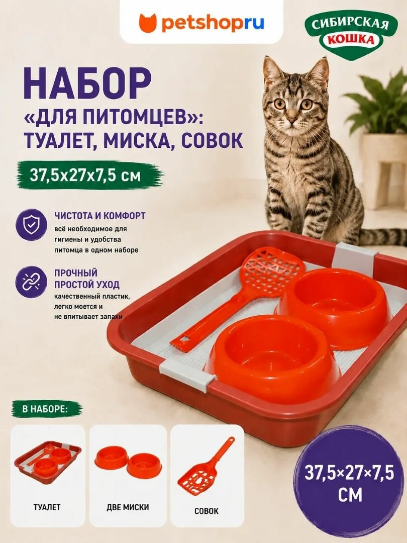 Сибирская кошка Набор "Для Любимца": совок, туалет эконом с сеткой, миска двойная