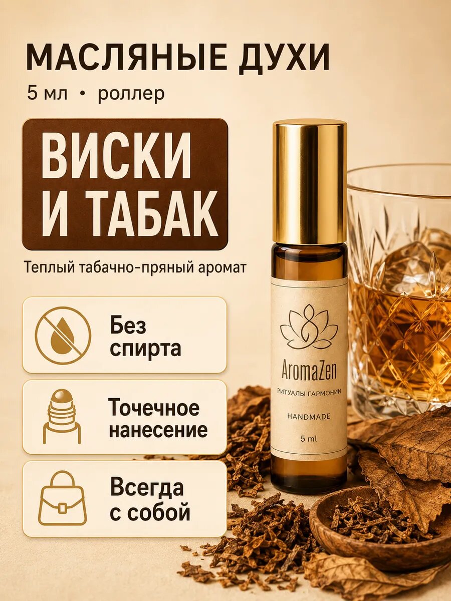 Масляные духи роллер "Виски и табак", женские, без спирта, шариковые, 5 мл