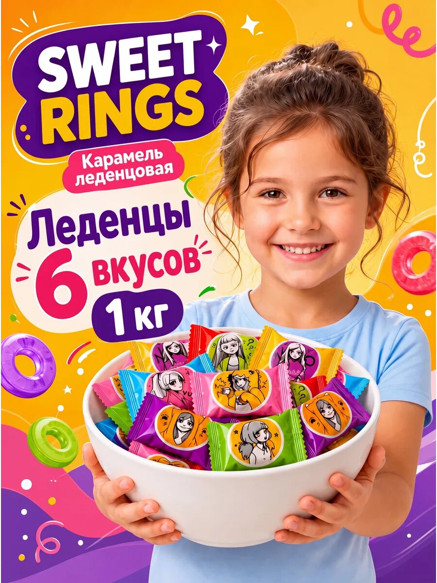 Леденцы, карамель леденцовая SWEET RINGS COOL, фруктовые вкусы, ассорти, 1КГ.
