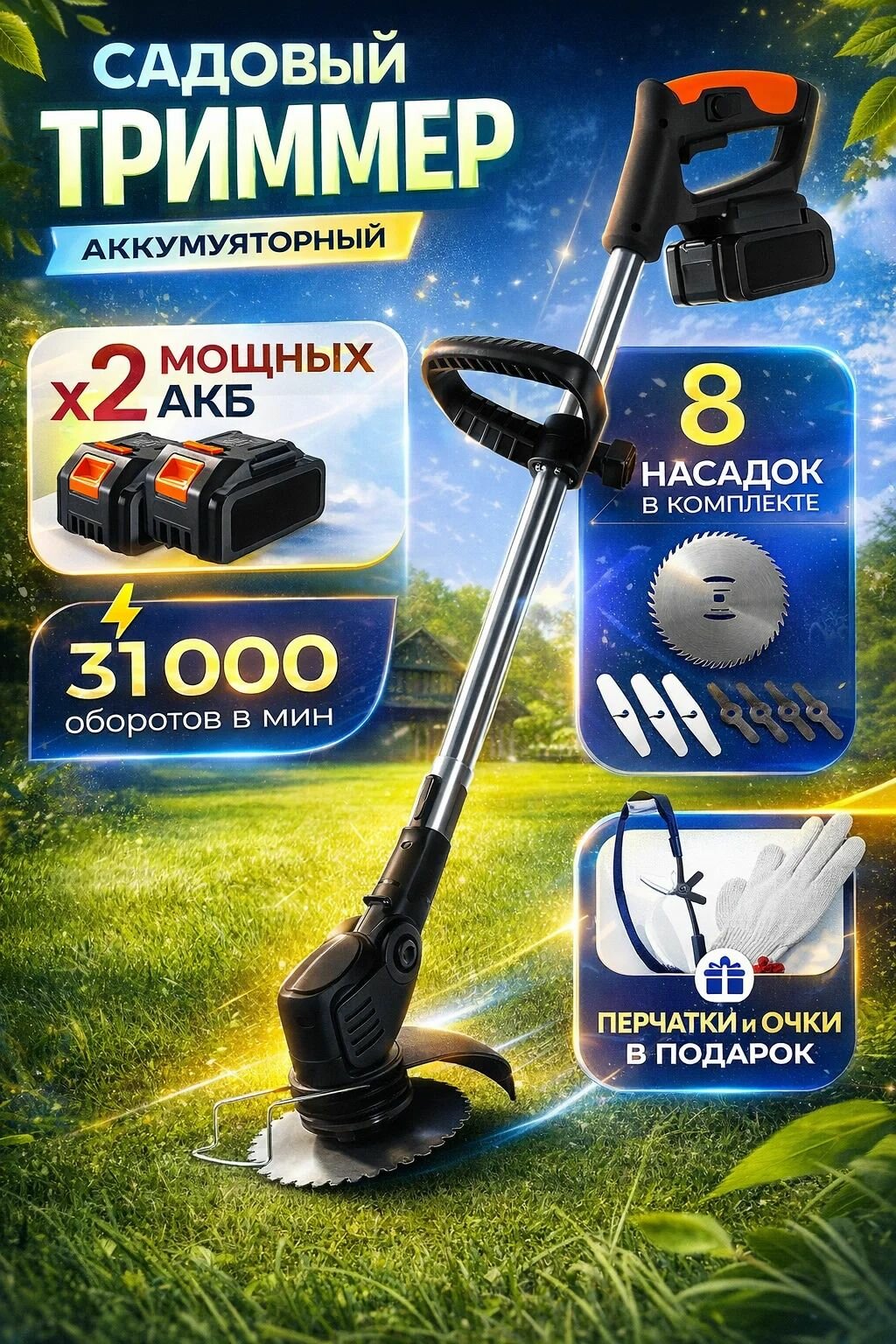 Триммер аккумуляторный садовый для травы, электрическая косилка, газонокосилка с двумя аккумуляторами / 11000 об/мин