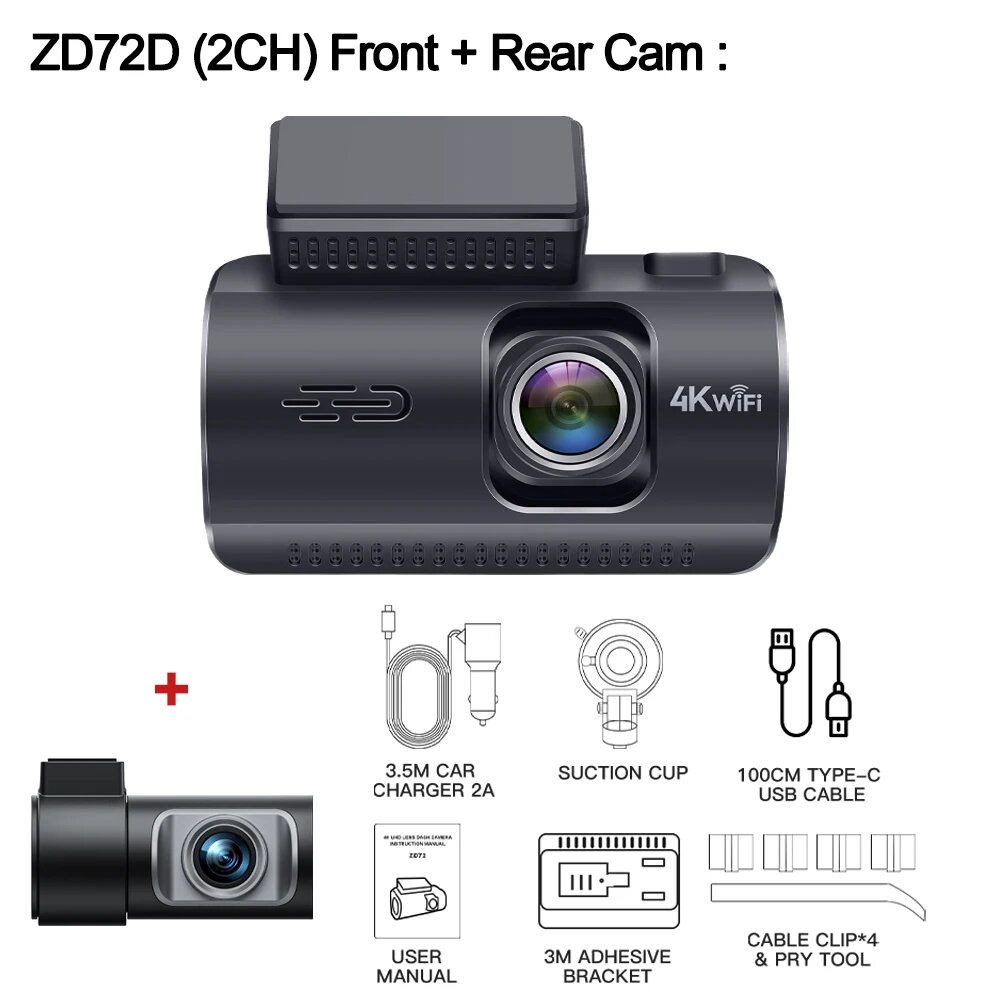 Видеорегистратор BEPOCAM 4K, автоматический видеорегистратор, ZD72D Front Rear, No SD Card