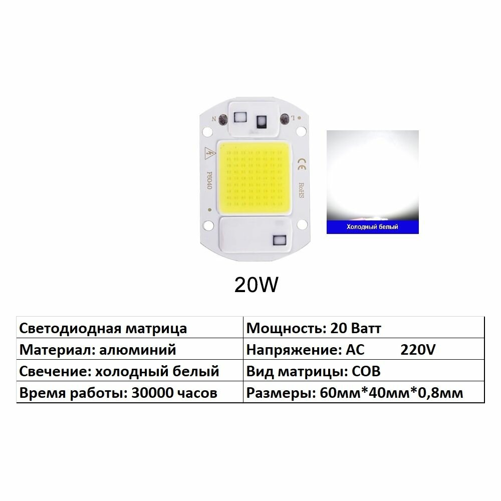 Светодиодный модуль холодный белый 220В/20Вт